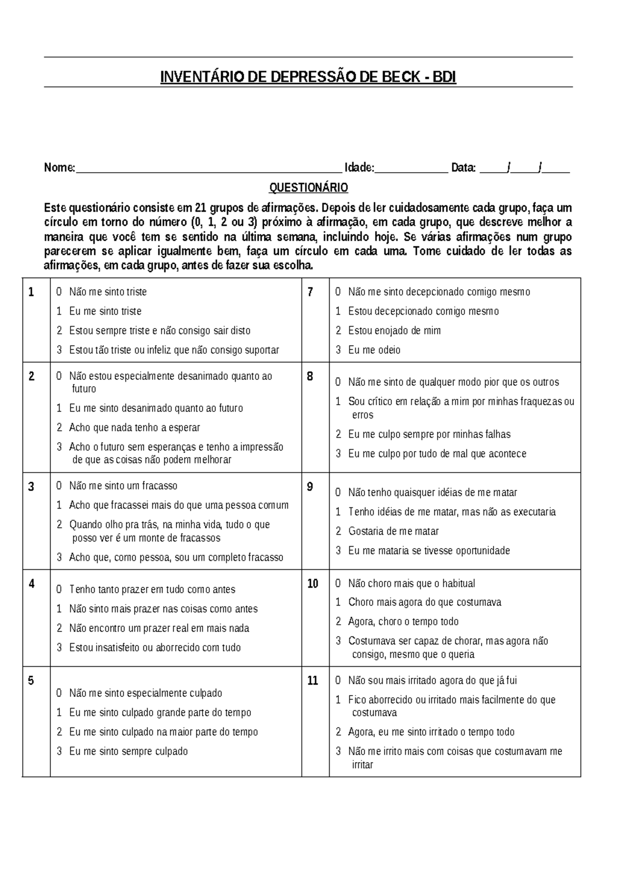 Inventário de Depressão de Beck - INVENTÁRIO DE DEPRESSÃO DE BECK - BDI ...