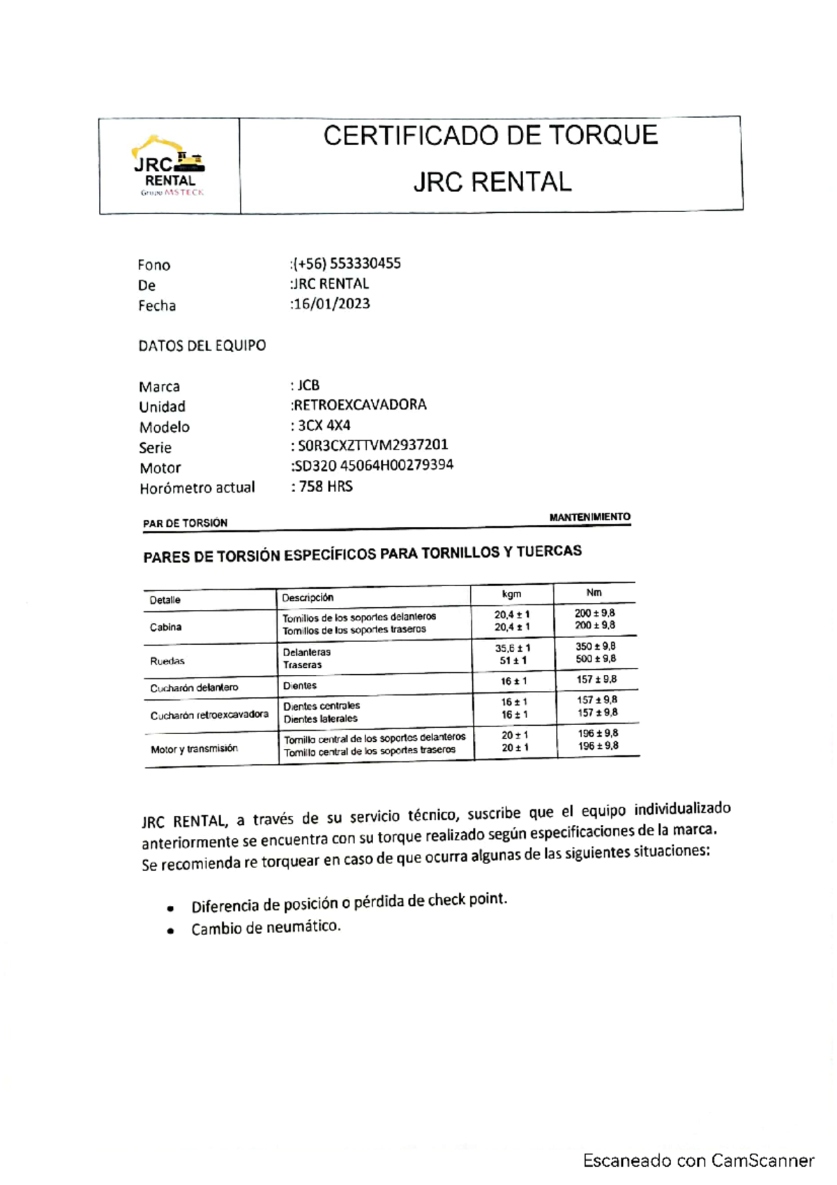 inspector calidad - CERTIFICADO DE TORQUE JRC RENTAL JRC RENTAL Grupo ...