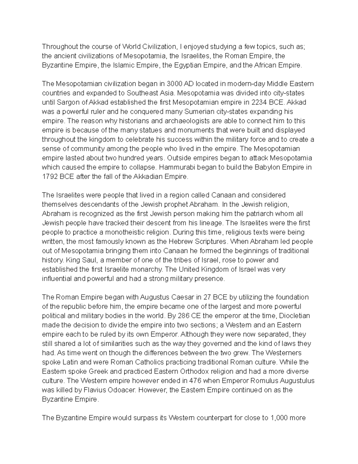 World civilization I final paper - Throughout the course of World ...
