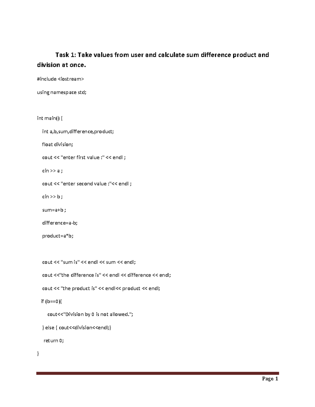 Task 1 Programming Task 1 Take Values From User And Calculate Sum Difference Product And 8153
