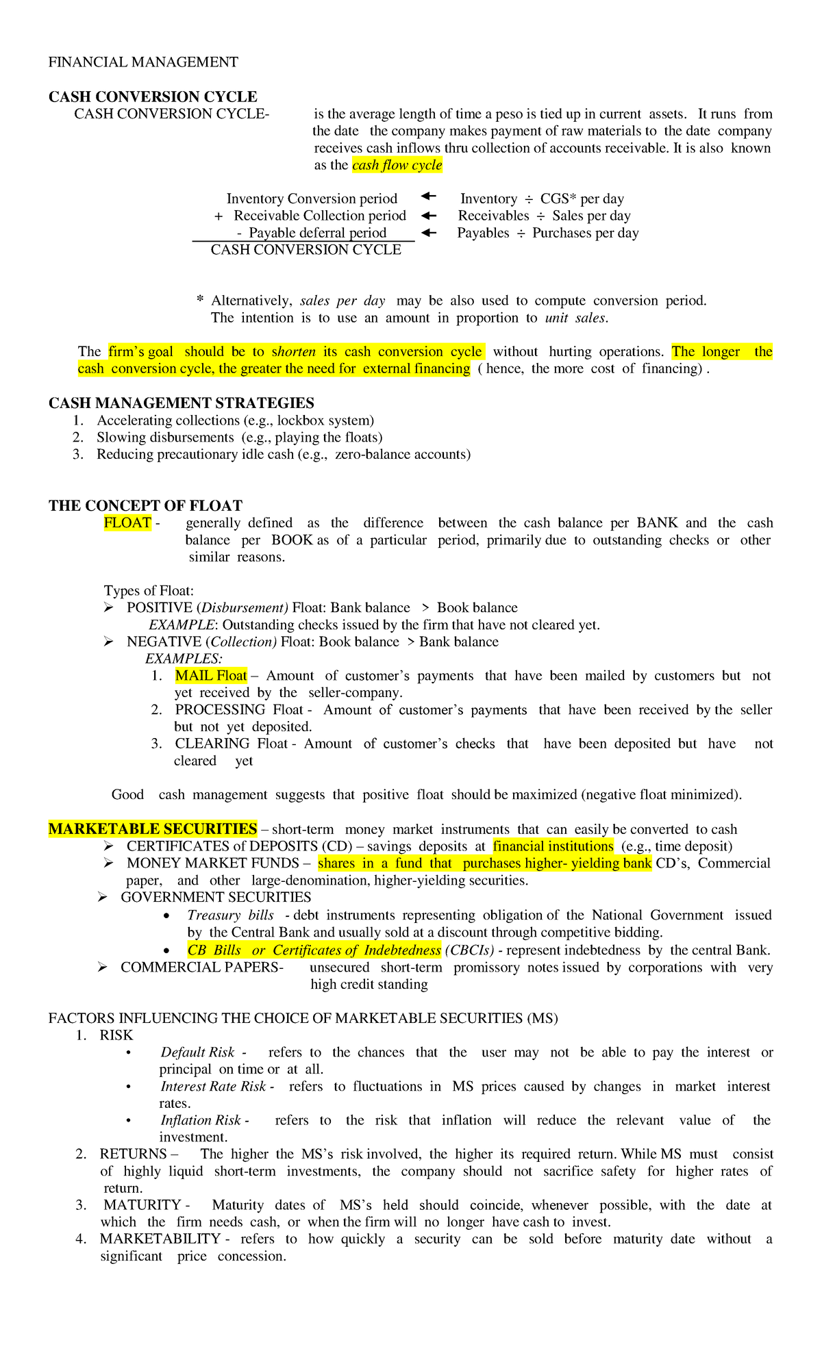 Pdfcoffee - hsjjs - CASH CONVERSION CYCLE CASH CONVERSION CYCLE- is the ...