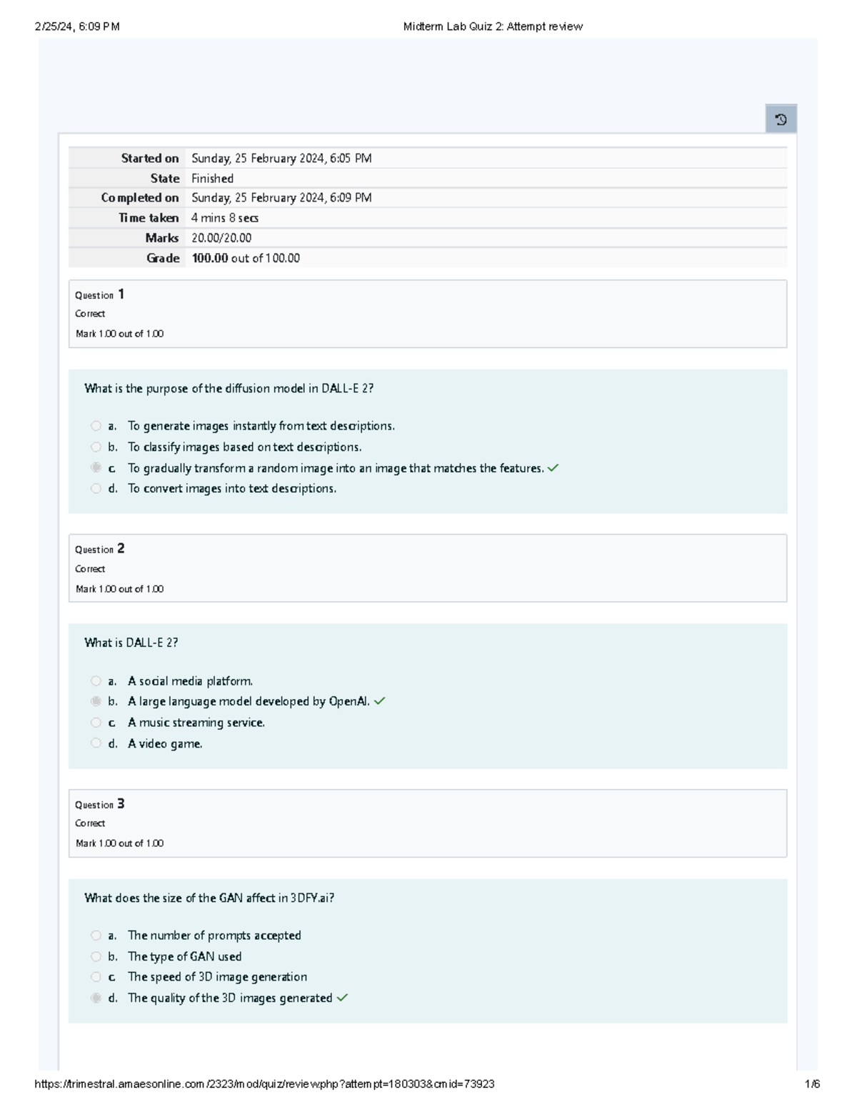 AI6100 AI Prompt Engineering Midterm Lab Quiz 2 Attempt review (20) - Started on Sunday, 25 ...