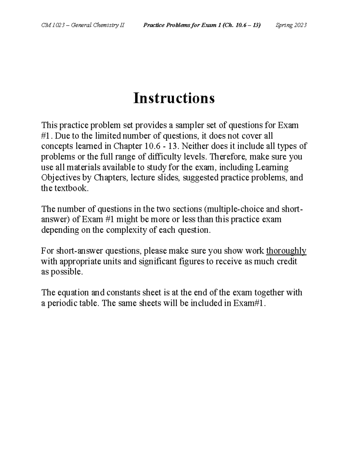 CM1023 Practice Problem set for Exam 1 Sp23 - Instructions This practice problem set provides a ...