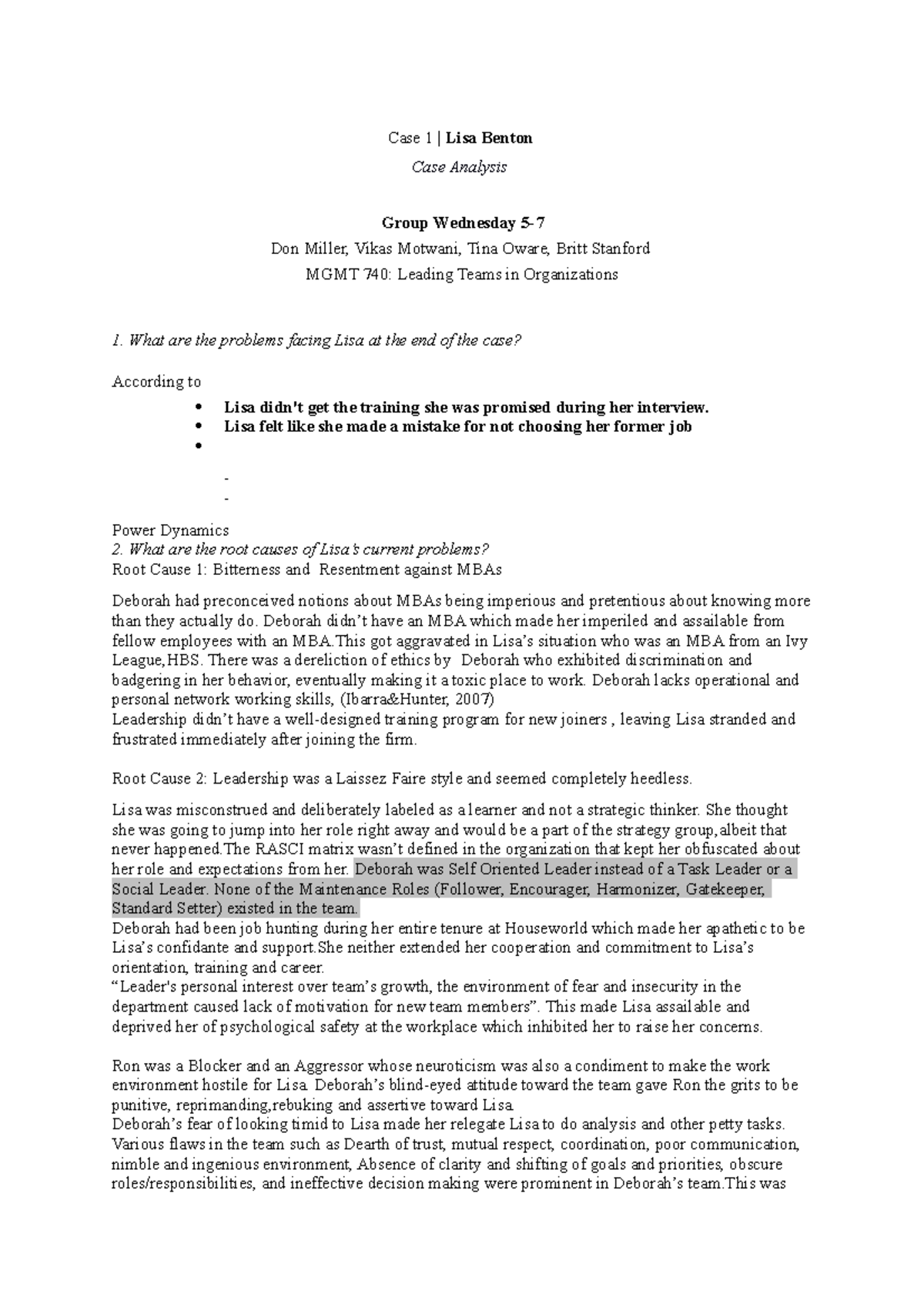 Lisa Benton Case Vikas - Case analysis - Case 1 | Lisa Benton Case ...