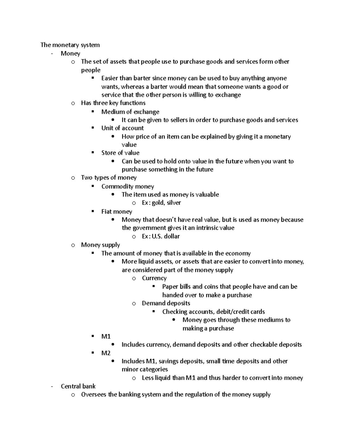 Ch 16 - summary to chapter 16 - The monetary system - Money o The set ...