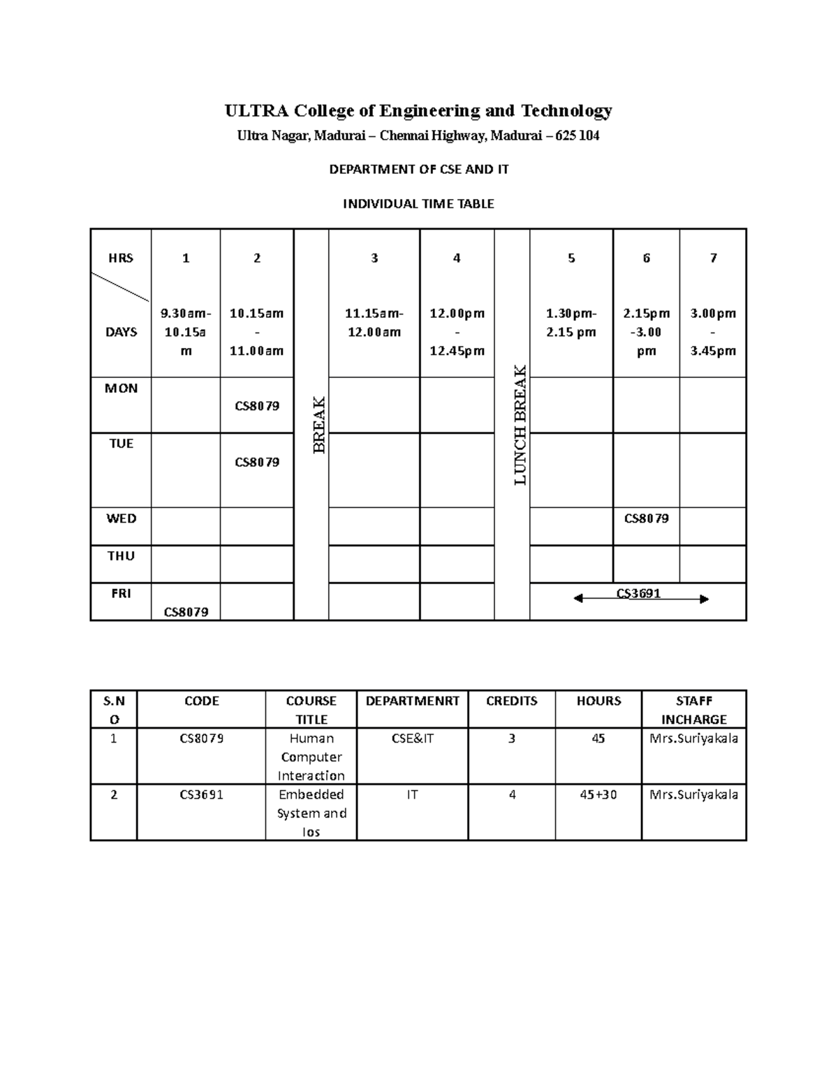 Individual time table - good - ULTRA College of Engineering and ...