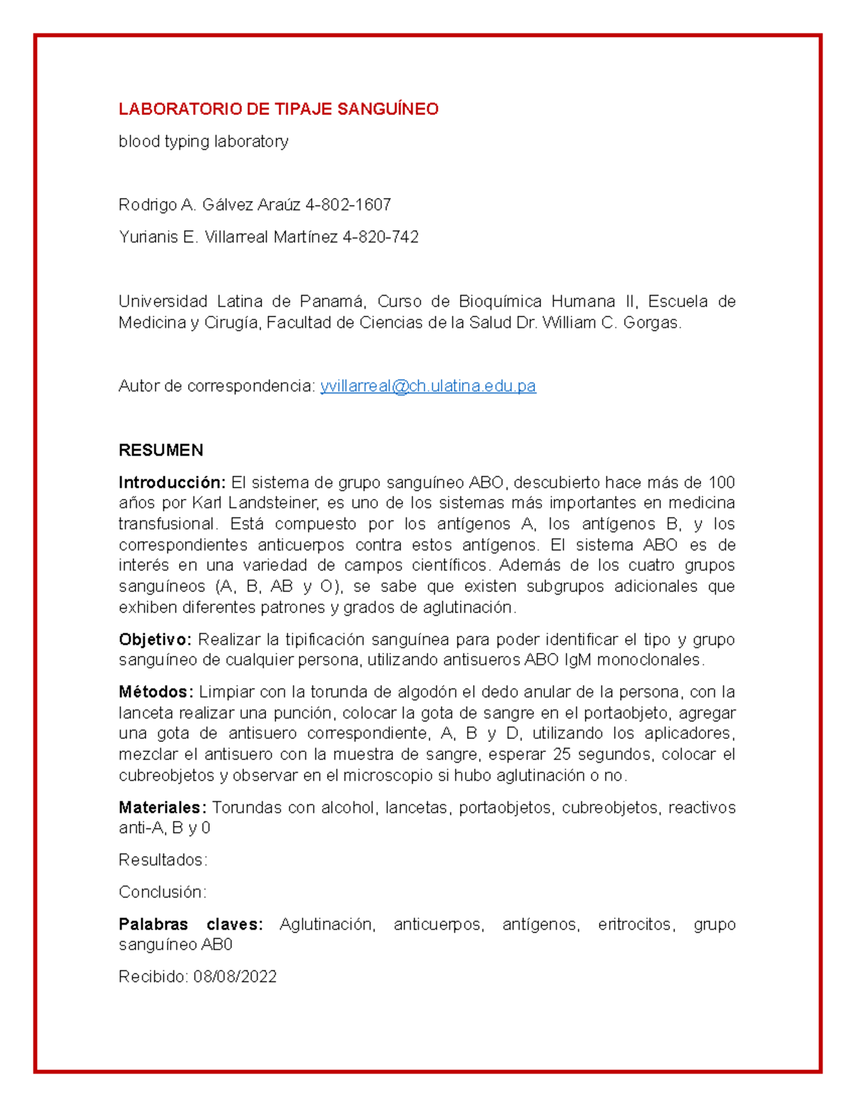 Informe 8 G4 - se realizo experimento para determinar el tipo de sangre ...