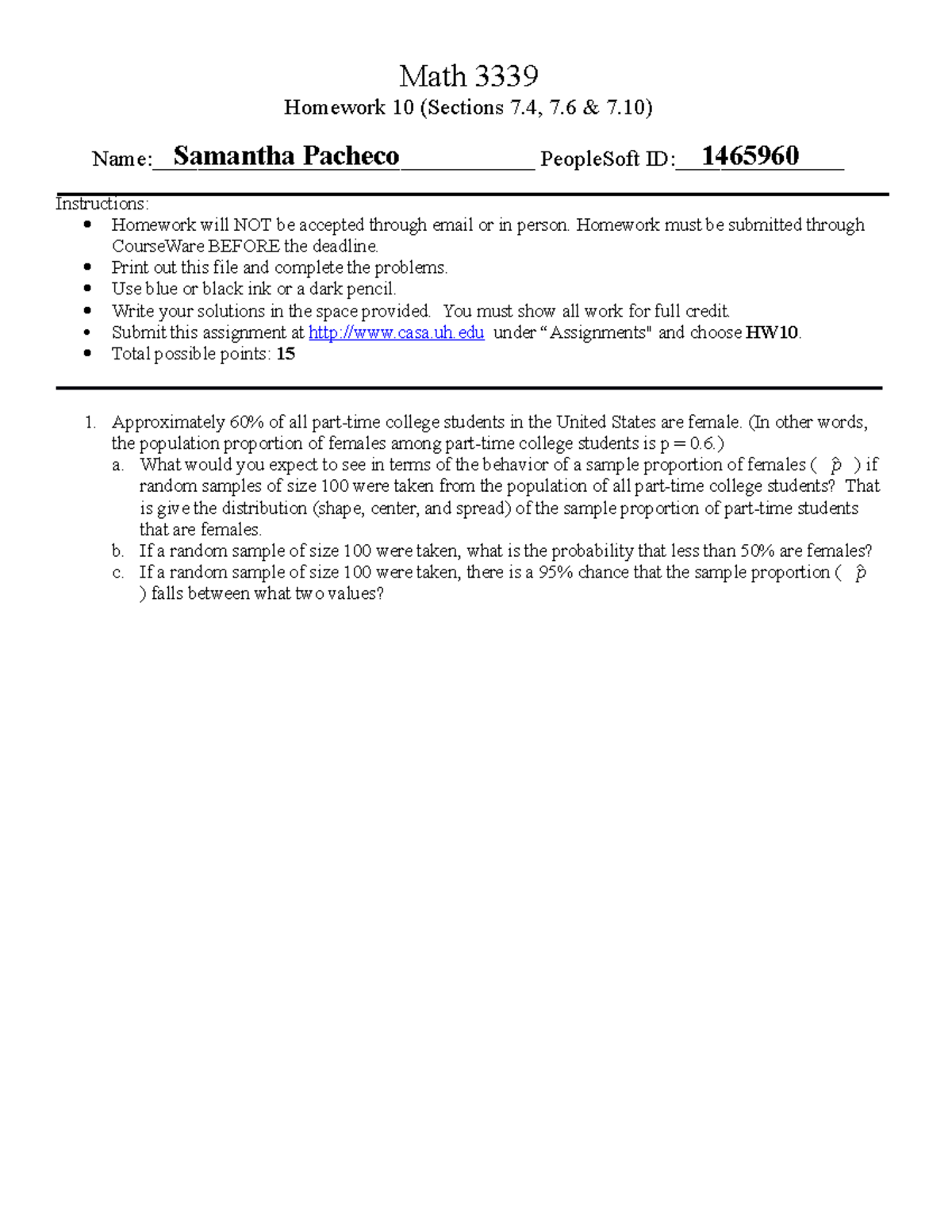 Hw10 - Homework 10 - Math 3339 Homework 10 (Sections 7, 7 & 7) - Studocu