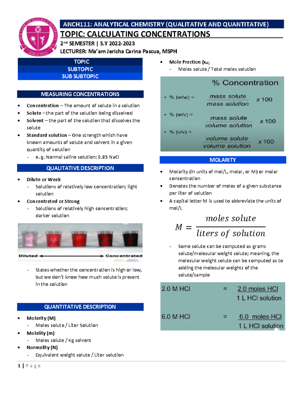 Lesson 5 - Calculating Concentrations - TOPIC: CALCULATING ...