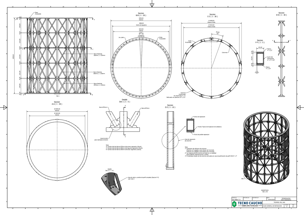 Plano DE Reparacion Trommel MILL SAG - Seccion A-A ( 1 : 30 ) Seccion B ...