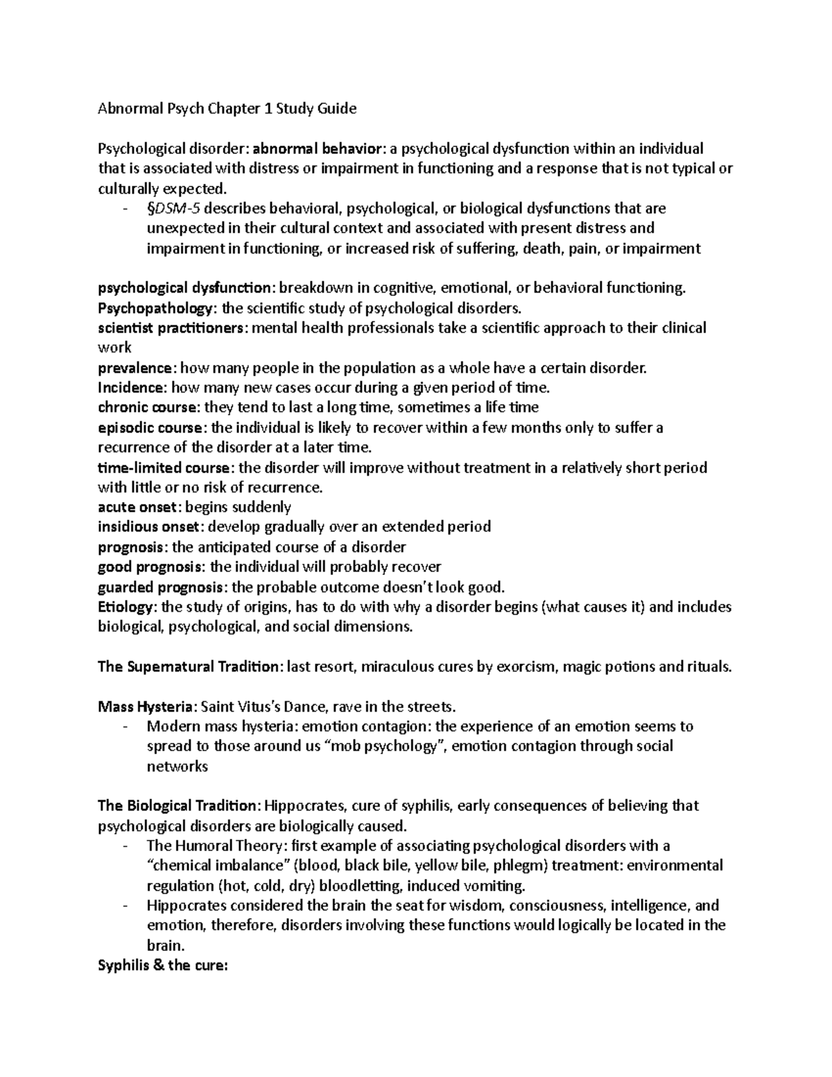 Abnormal Psych Chapter 1 Study Guide - describes behavioral ...