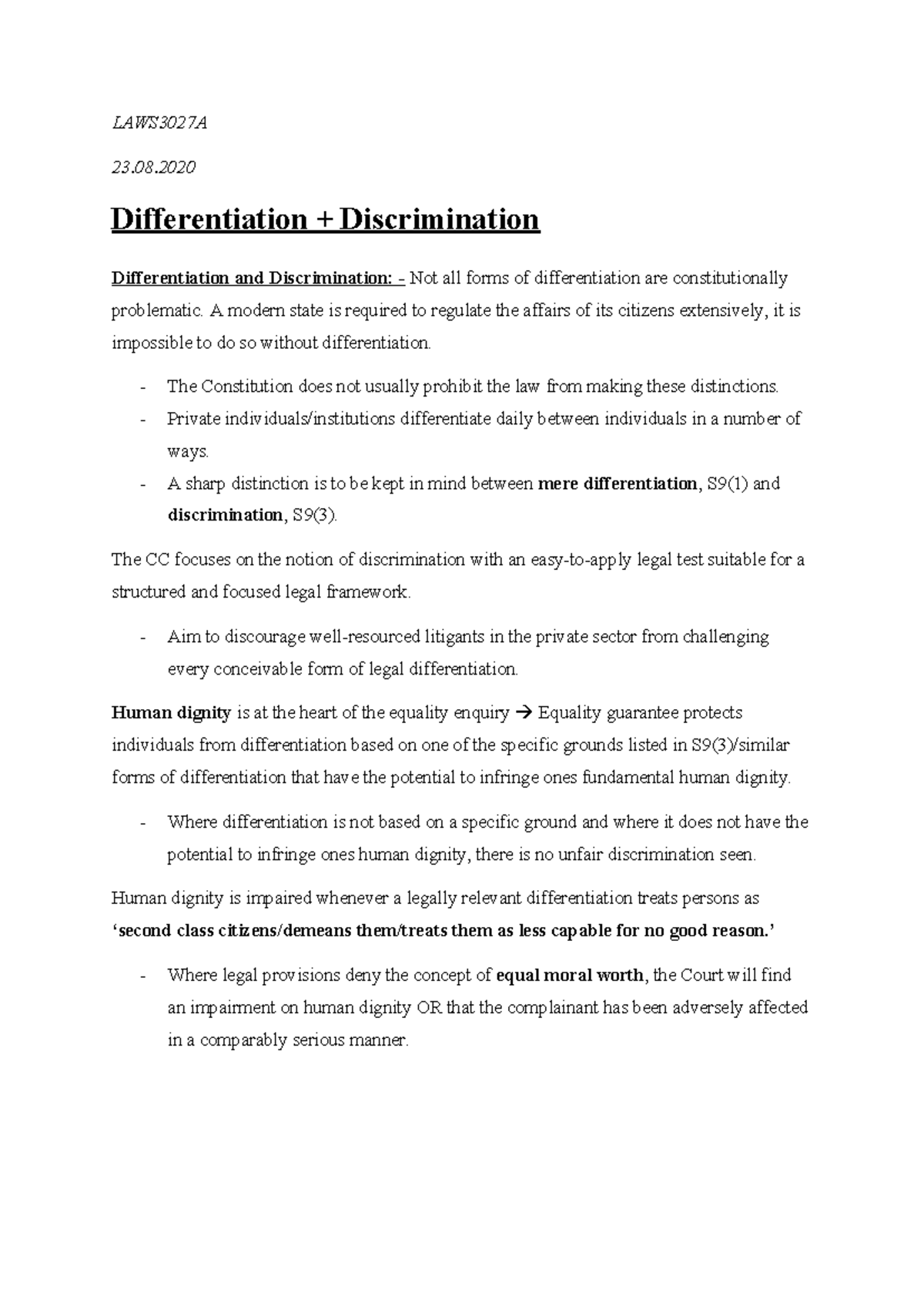 Topic 2 - #2 - Notes - LAWS3027A 23. Differentiation + Discrimination ...