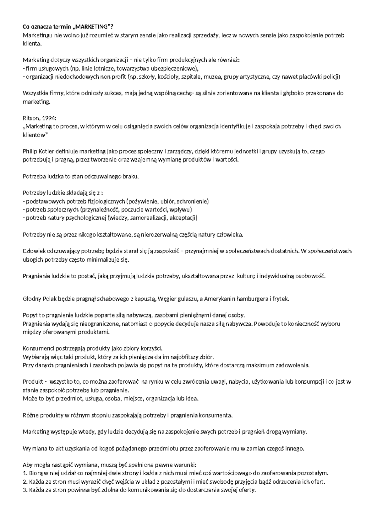 Ćwiczenia podstawy marketingu - Co oznacza termin „MARKETING”? Marketingu nie wolno już rozumieć ...