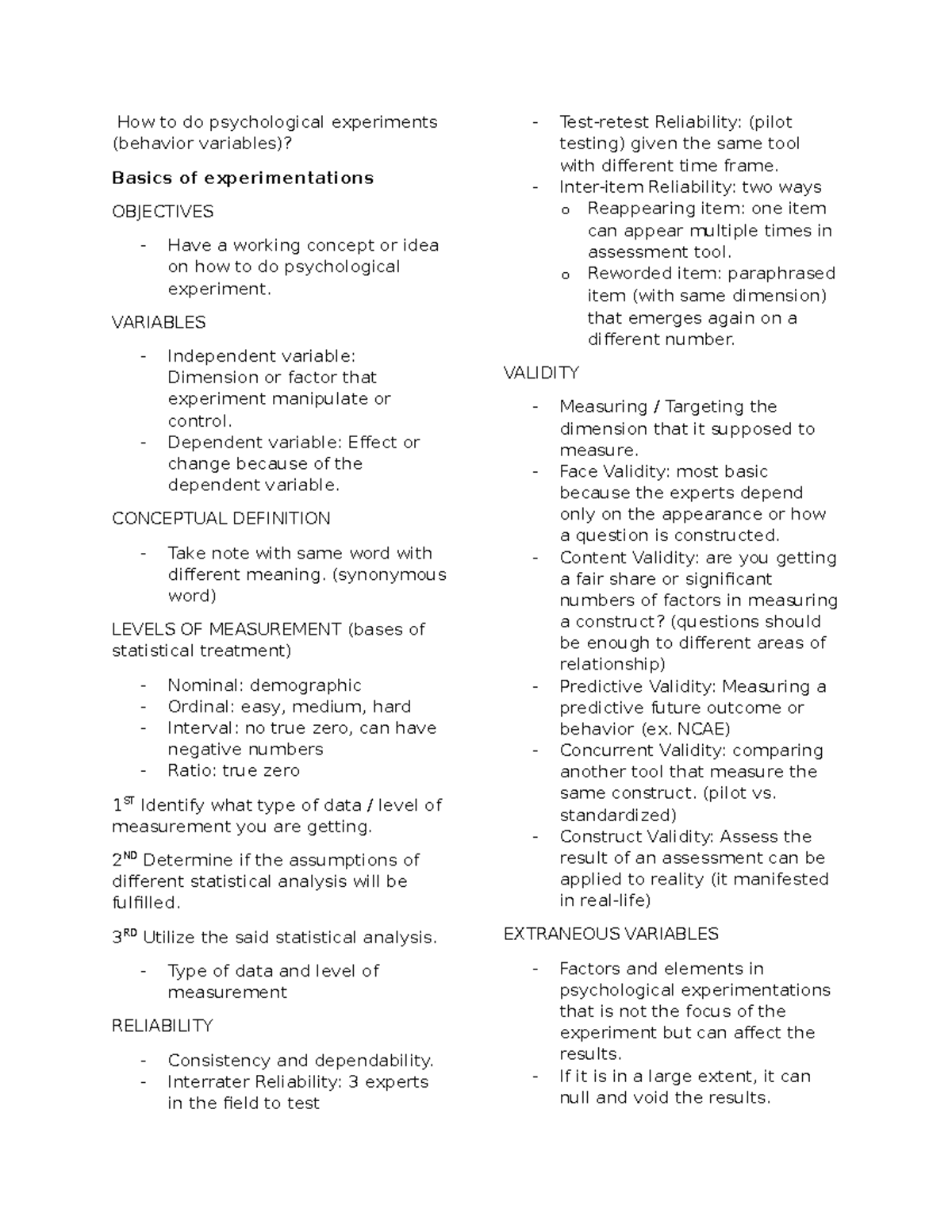 Expe Notes - chappter 8 - How to do psychological experiments (behavior ...