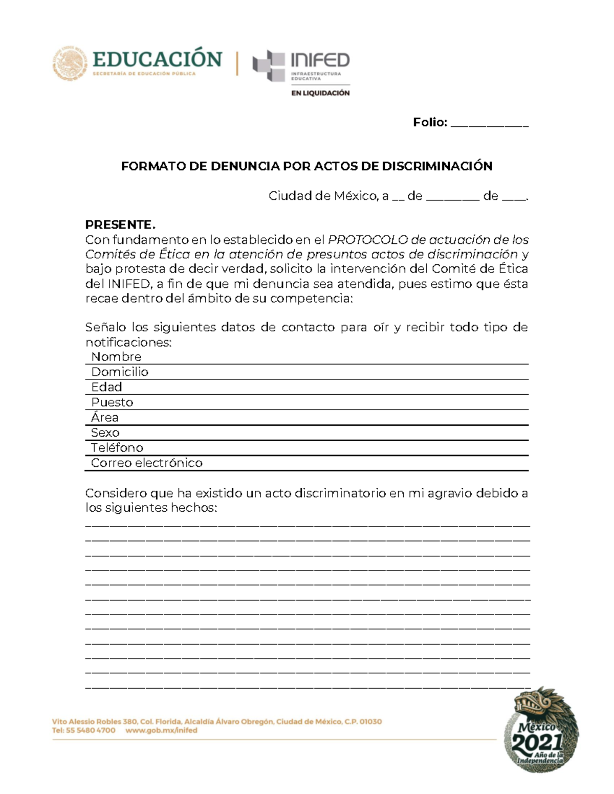 Formato Denuncia Actos Discriminacion 2021 - 1 Folio ...