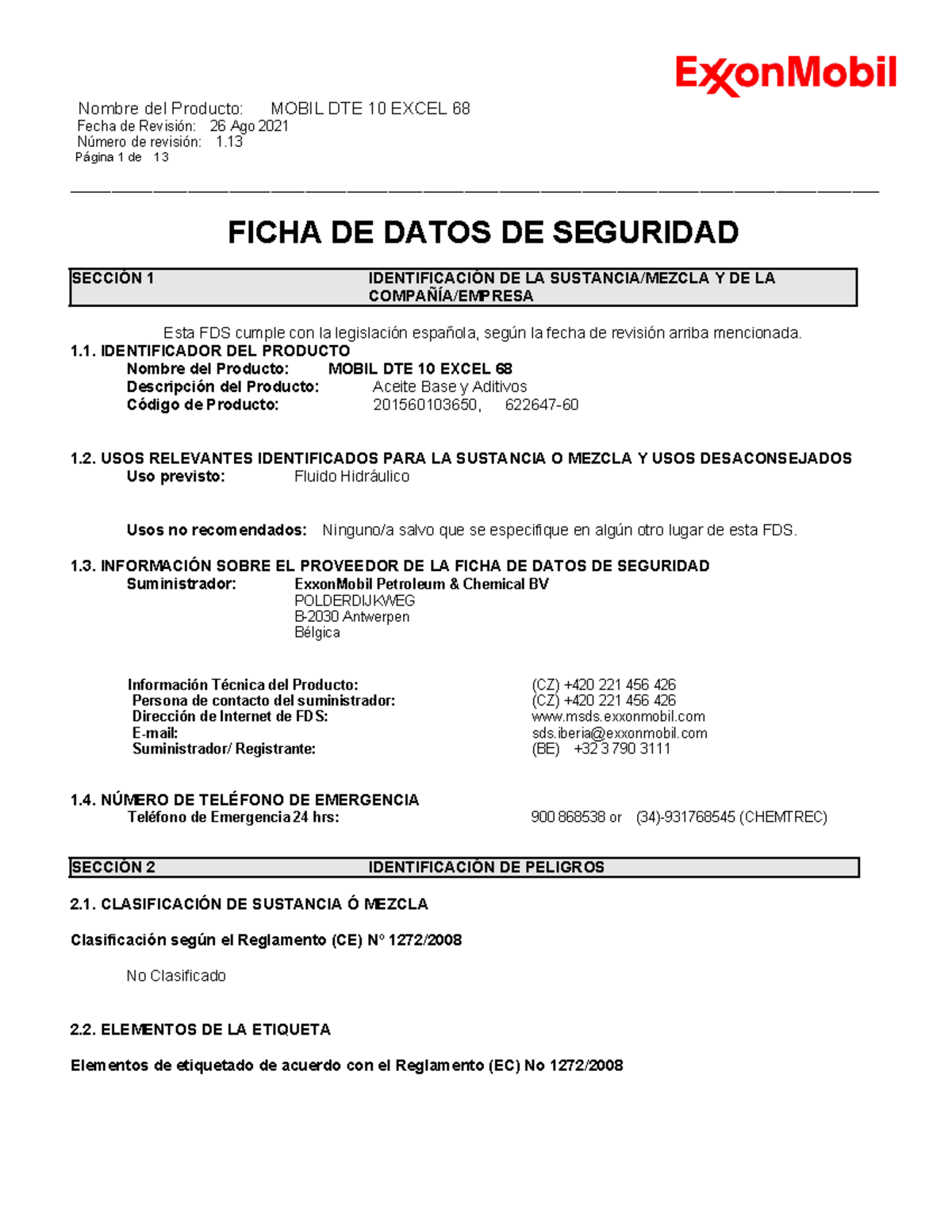 Mobil DTE 10 Excel 68 - n/a - Fecha de RevisiÛn: 26 Ago 2021 N ̇mero de revisiÛn: 1. P·gina 1 de ...