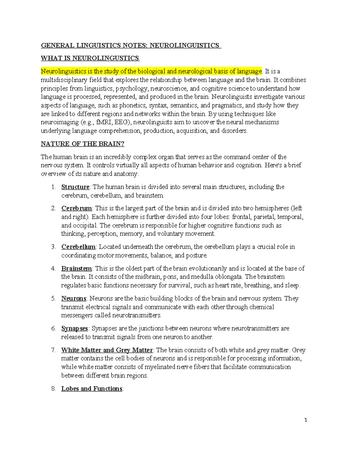 General Linguistics Notes - GENERAL LINGUISTICS NOTES: NEUROLINGUISTICS ...