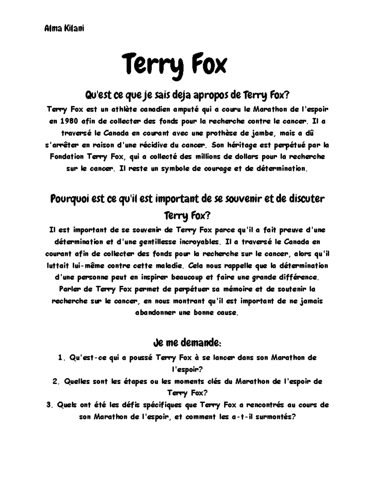Terry Fox - Google Docs - Alma Kilani Terry Fox Qu'est ce que je sais ...