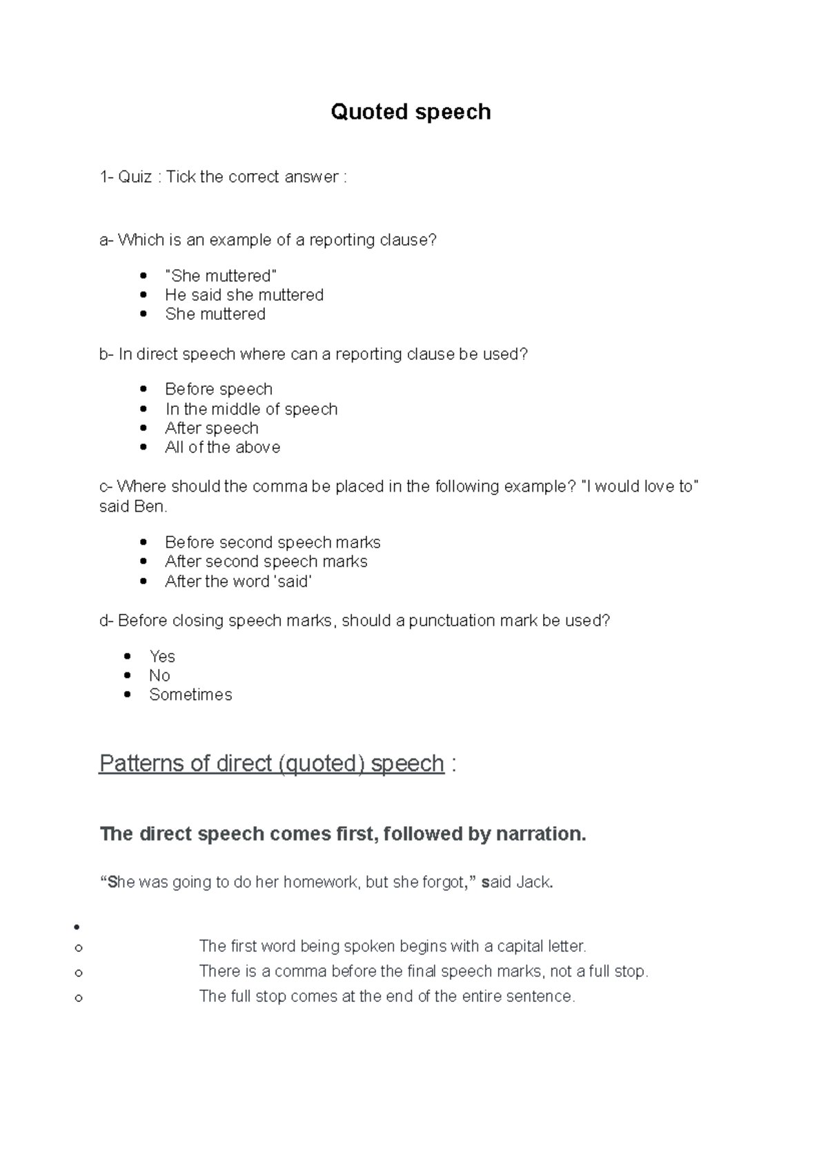 Lesson 2 modified - ............ - Quoted speech 1- Quiz : Tick the ...