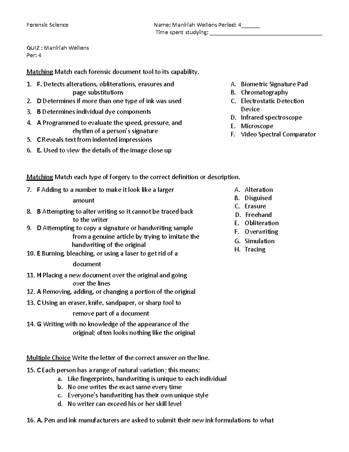 Questioned Documents Quiz Maniriah W - Forensic Science Name: Maniriah ...