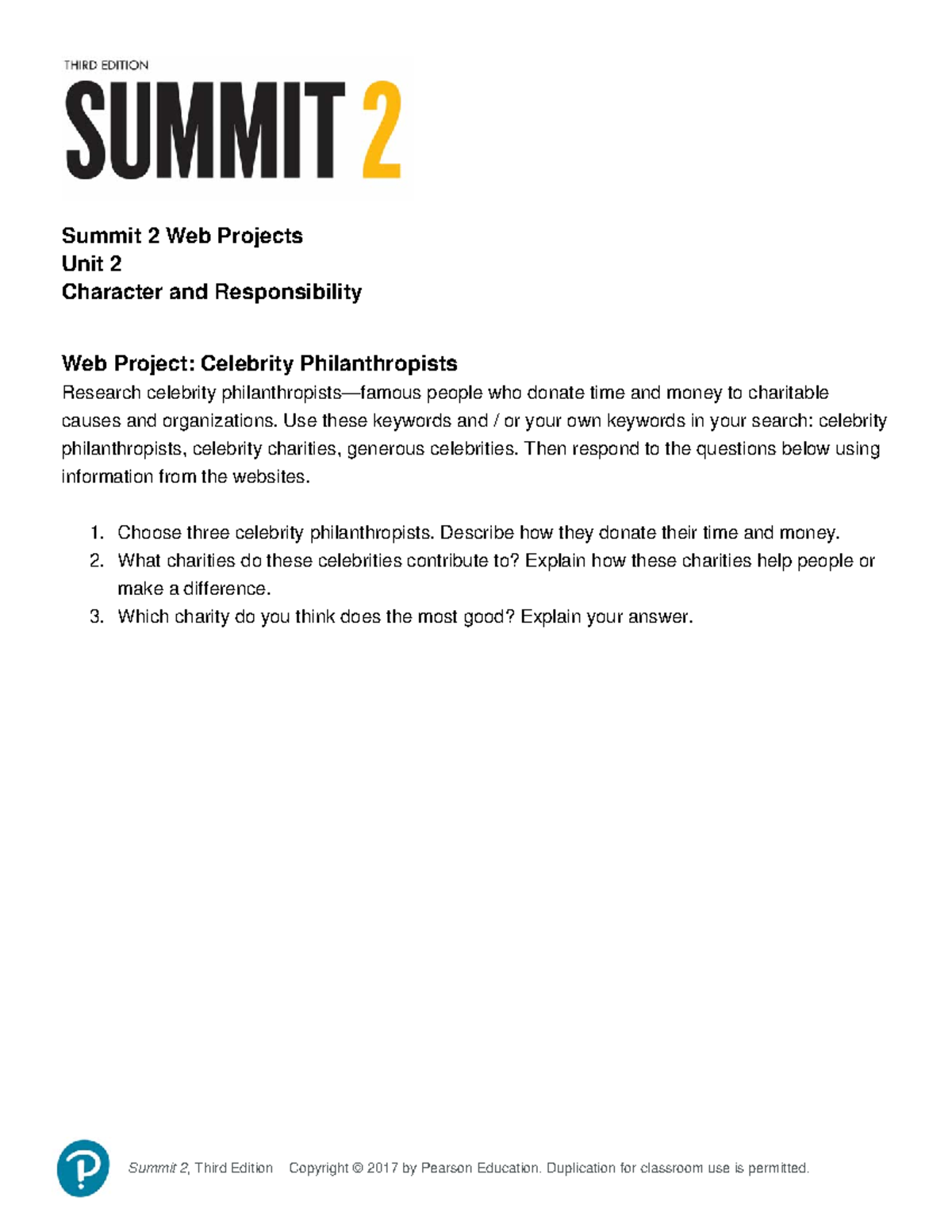 taller project unit 2 - Summit 2 , Third Edition Copyright © 2017 by ...