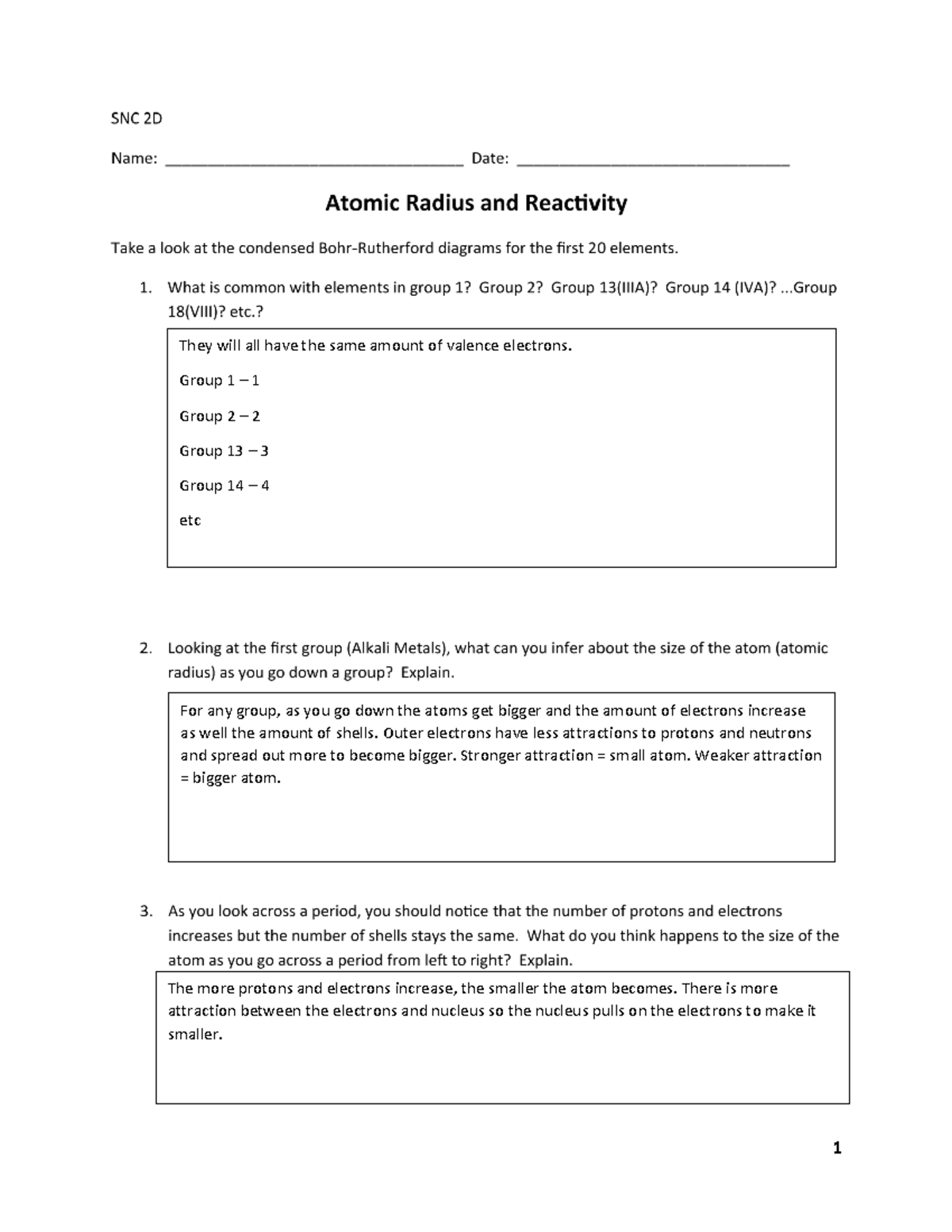 Atomic Radius & Reactivity (Completed) - They will all have the same ...