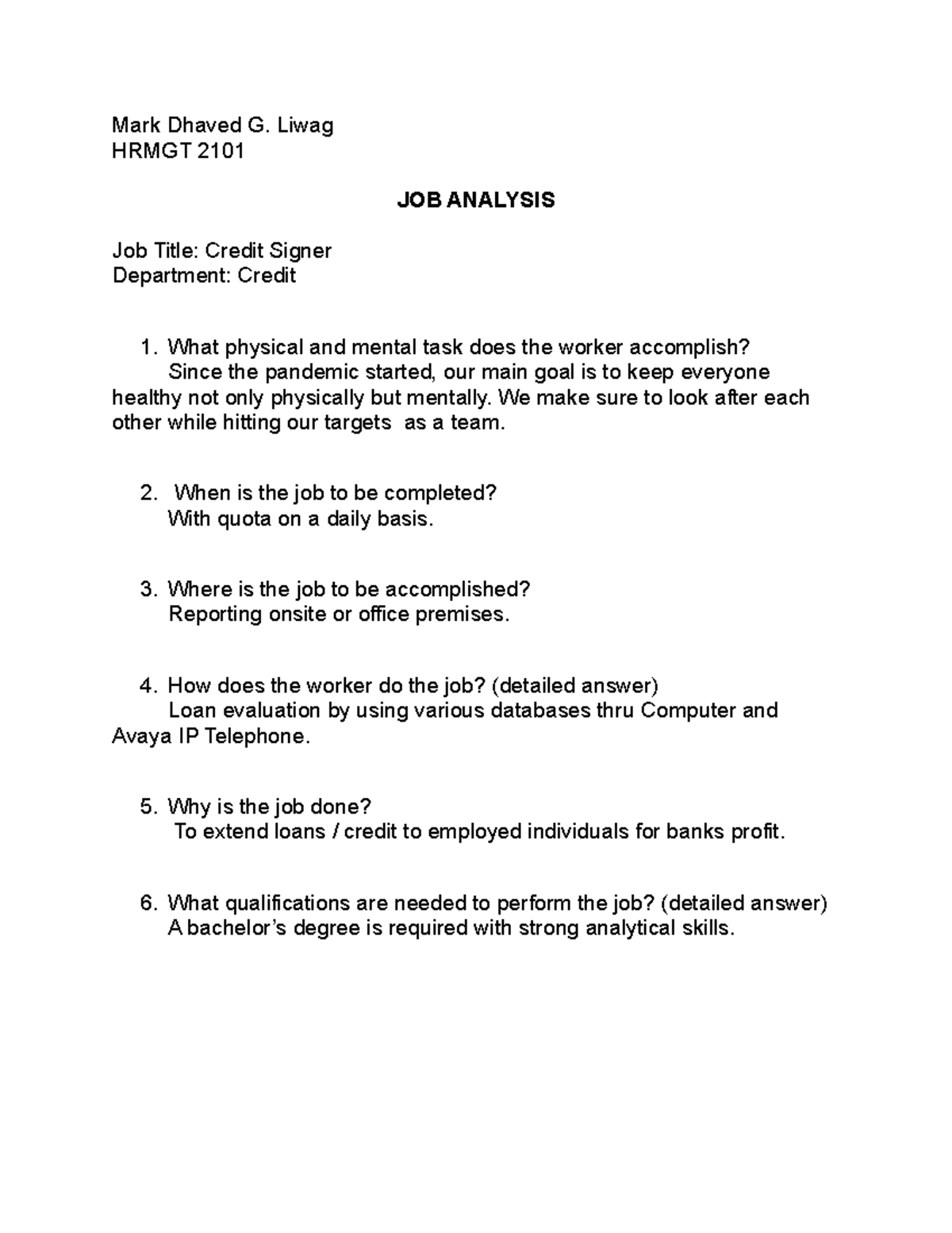 REC SEL JOB Analysis - Mark Dhaved G. Liwag HRMGT 2101 JOB ANALYSIS Job ...