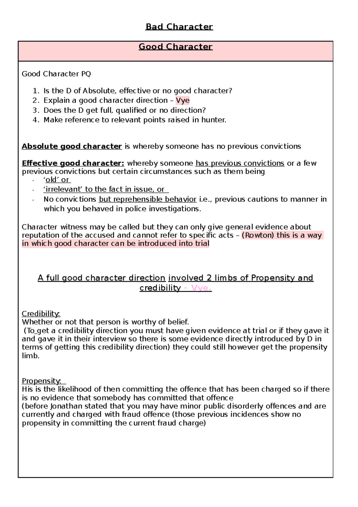 Law of Evidence- Bad Character - Bad Character Good Character Good ...