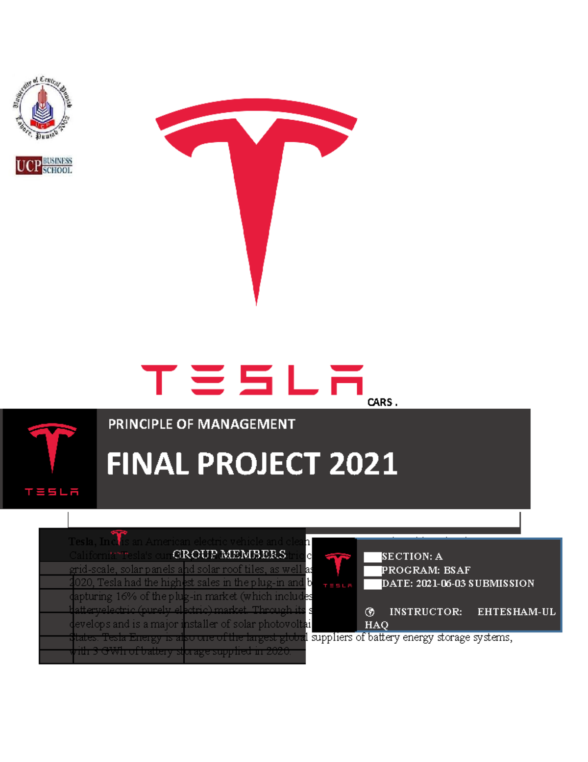 Group Project Assignment-3 - GROUP MEMBERS 1-INTRODUCTION Tesla, Inc ...