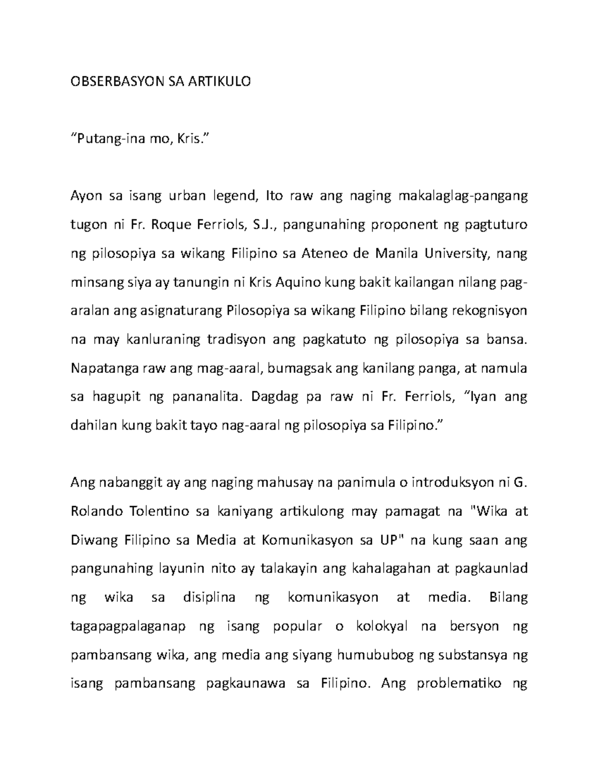 Obserbasyon sa artikulo ni G. Rolando Tolentino na may pamagat na "Wika at Diwang Filipino sa ...