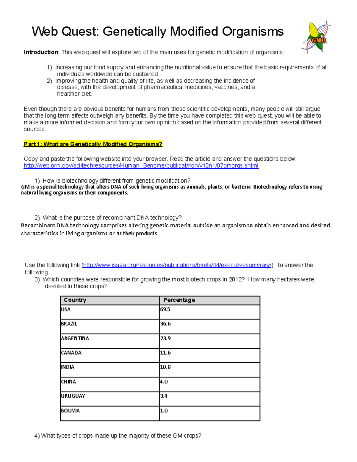 GMO Webquest Willis - Web Quest: Genetically Modified Organisms ...