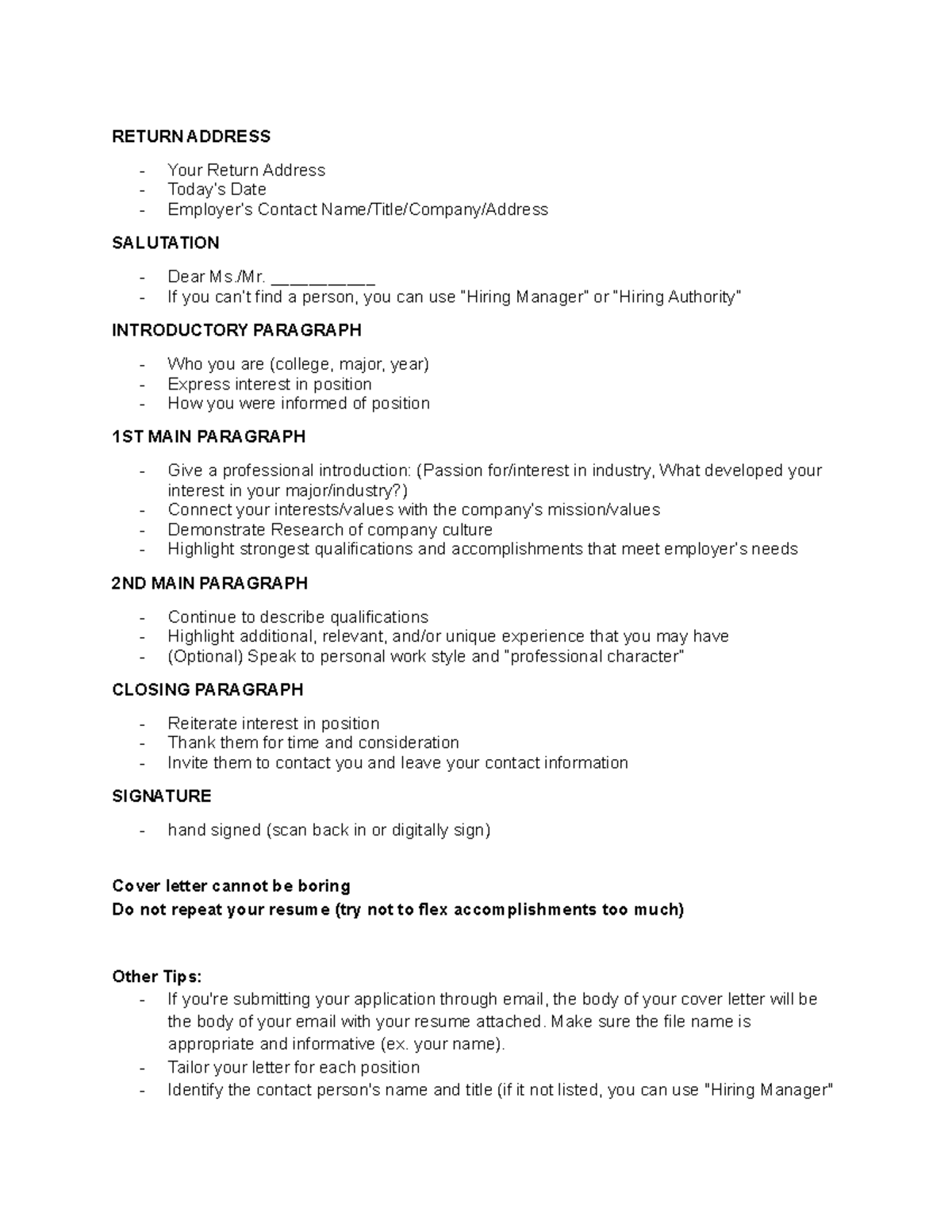Cover letter notes - RETURN ADDRESS Your Return Address Today’s Date ...