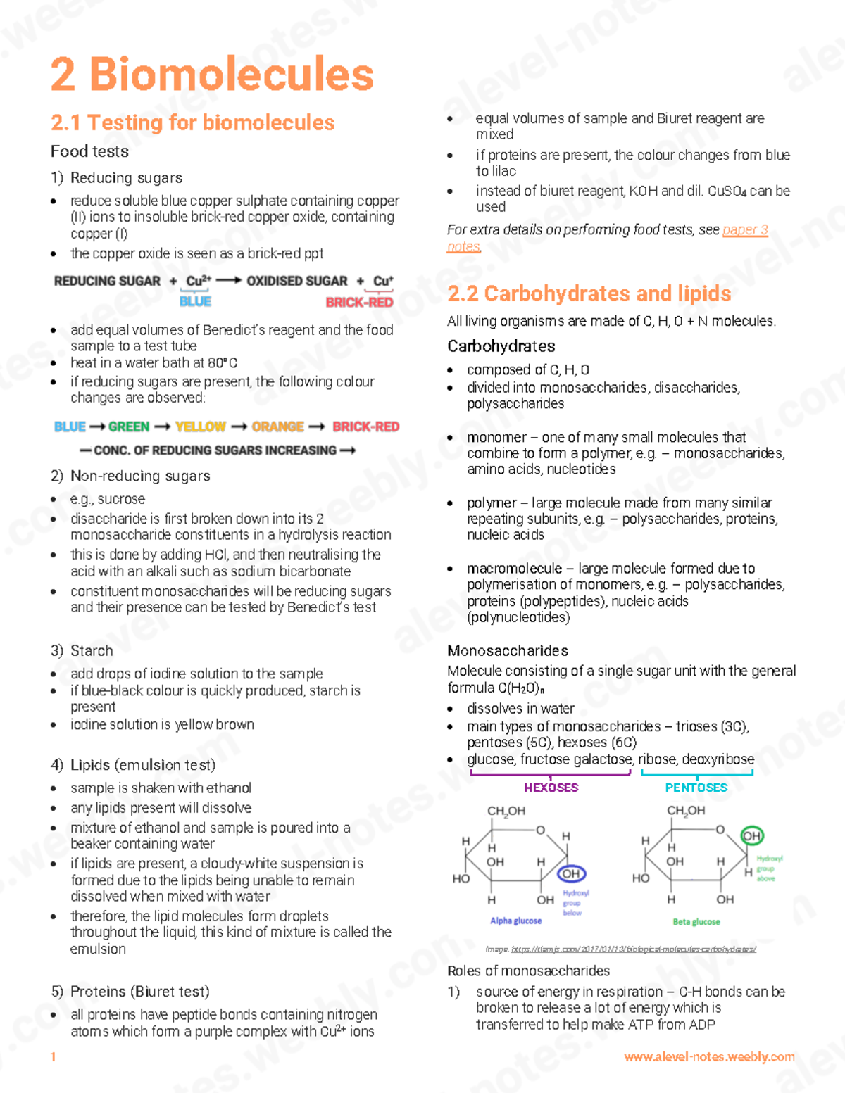 4-biomolecules - Notes - 2 Biomolecules 2 Testing for biomolecules Food ...