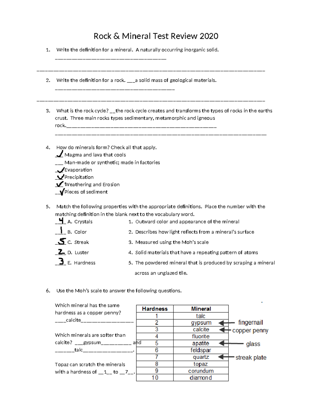 Rock and Mineral Test Review 2020 - Rock & Mineral Test Review 2020 ...