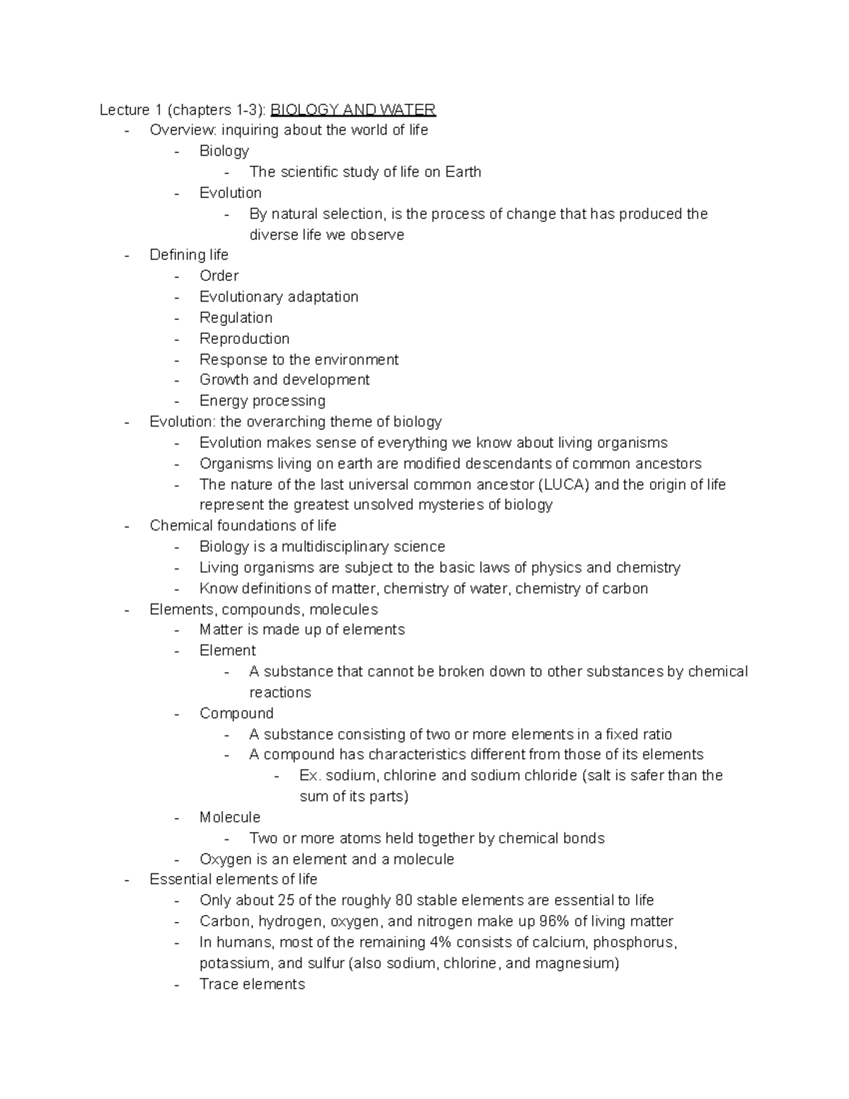 Bio 1a Unit 1 Notes - Lecture 1 (chapters 1-3): BIOLOGY AND WATER ...