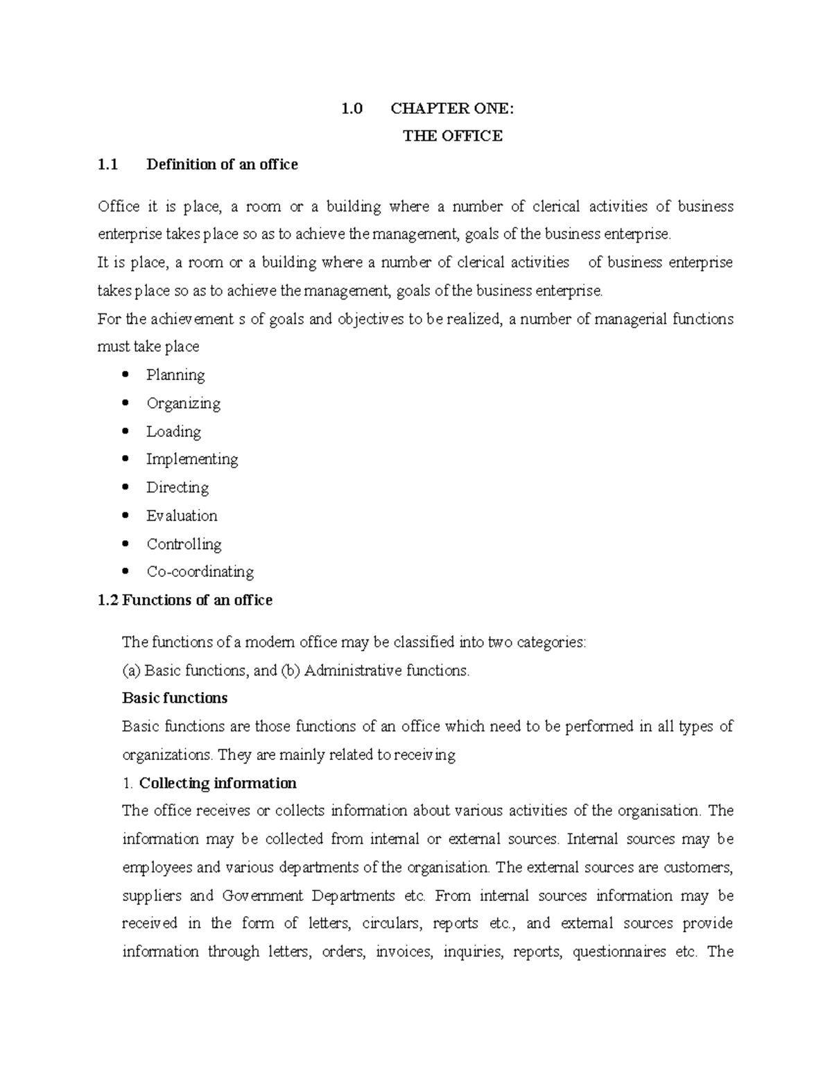 office duties in an organization - 1 CHAPTER ONE: THE OFFICE 1 ...