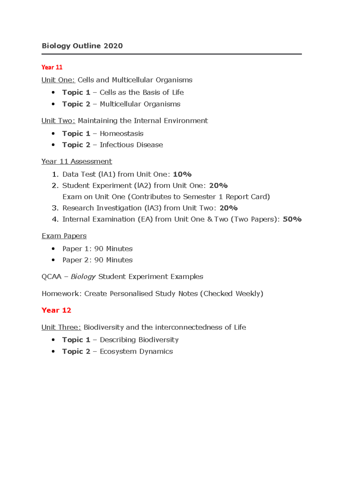 Unit Outline - Biology Outline 2020 Year 11 Unit One: Cells and ...