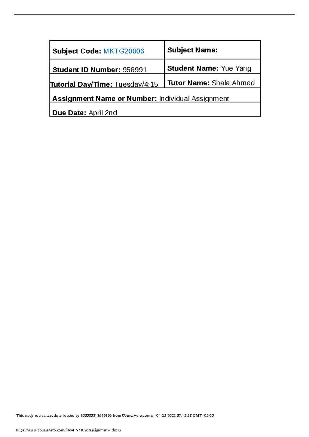 Assignment 1 - Subject Code: MKTG20006 Subject Name: Student ID Number ...