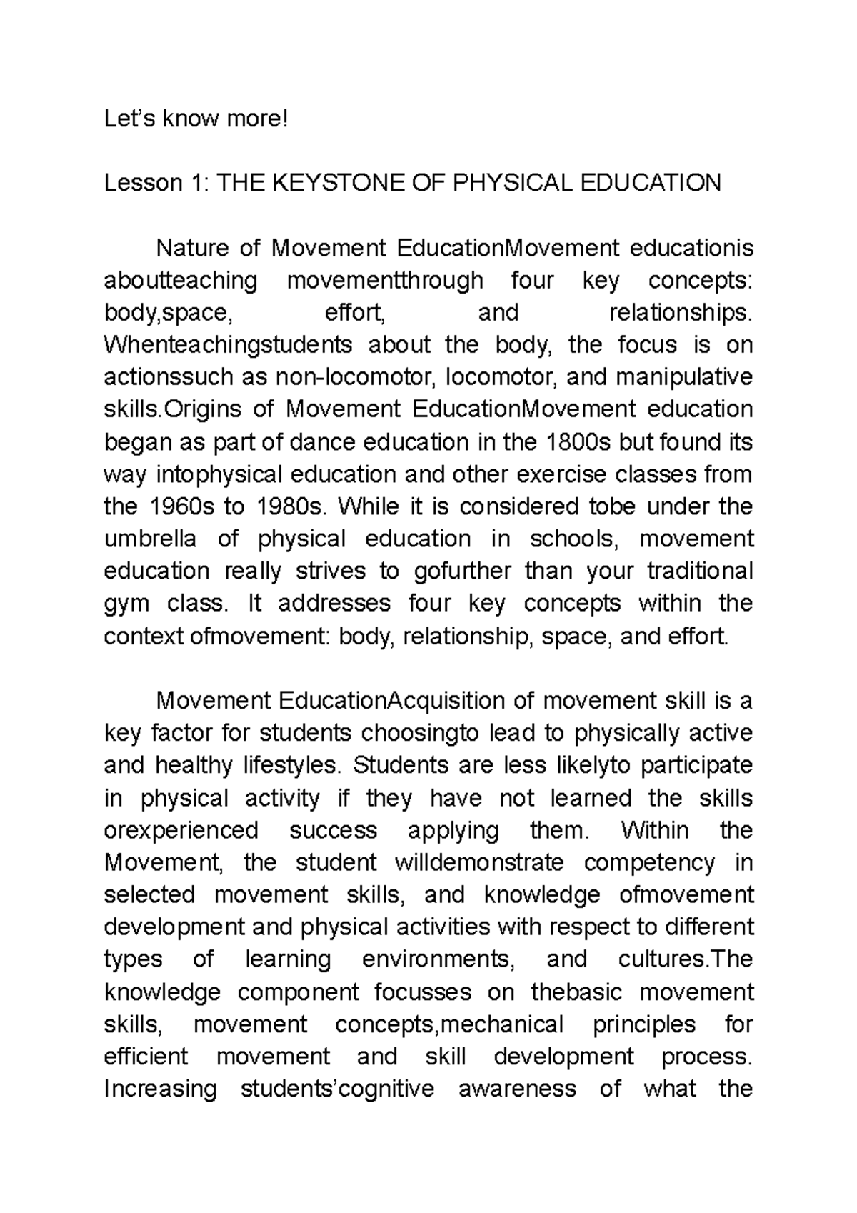 Physical Education 101 Movement Enhancement - Let’s know more! Lesson 1 ...