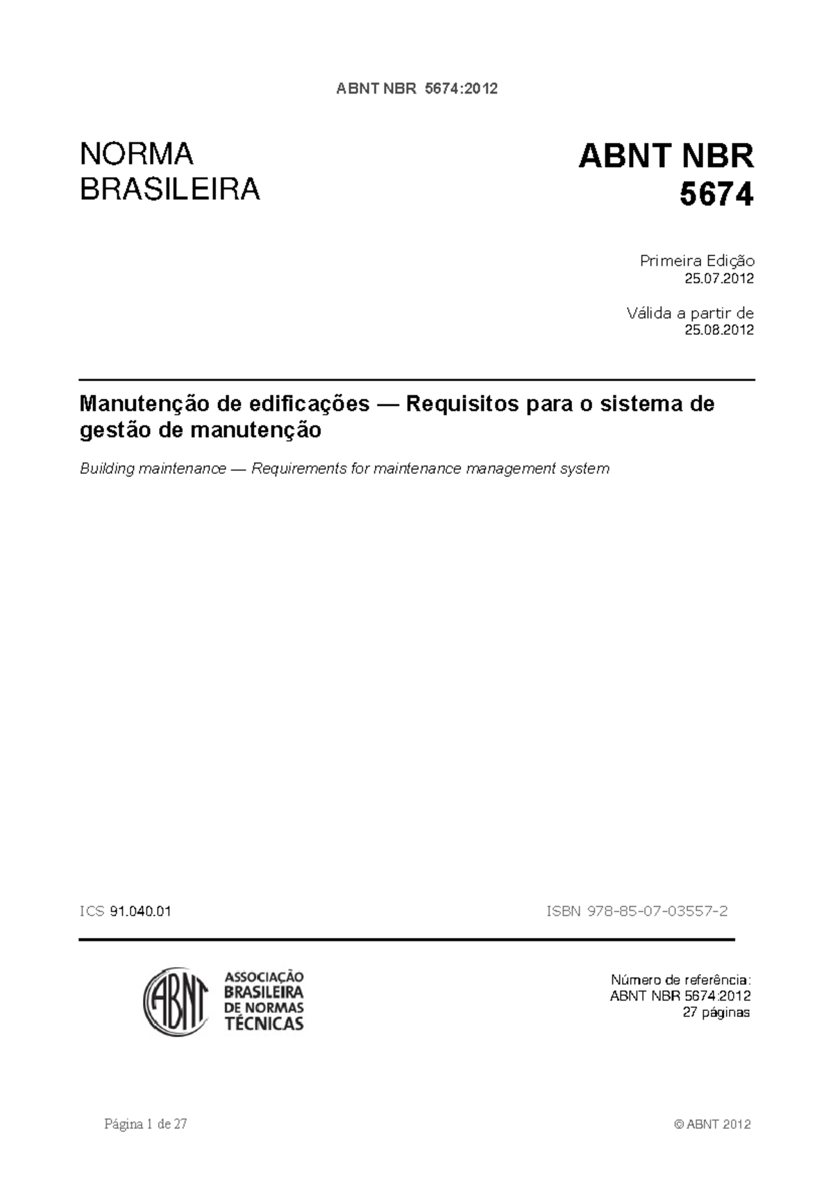 Norma ABNT NBR 05674 Manutenção Predial - NORMA BRASILEIRA ABNT NBR ...