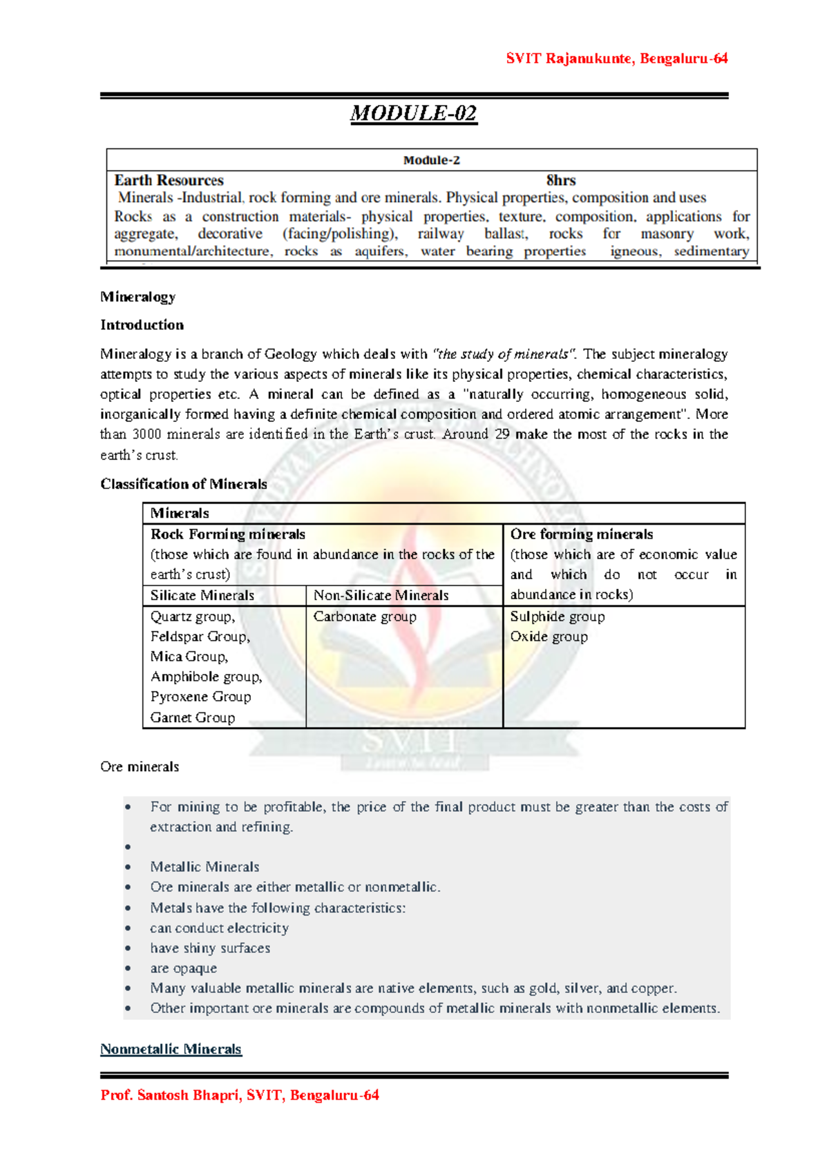Engineering geology - MODULE- Mineralogy Introduction Mineralogy is a ...