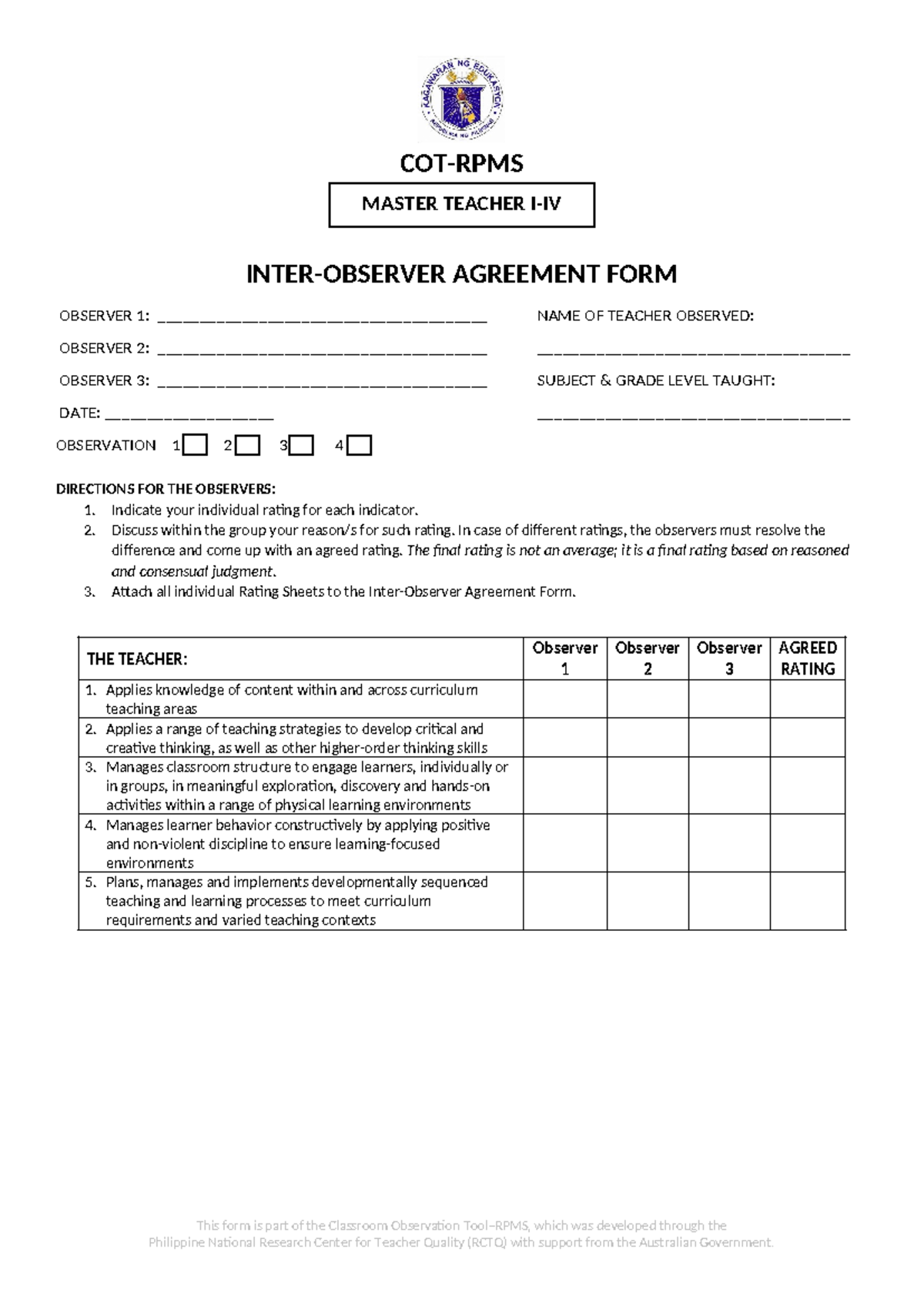 Inter-Observer Agreement Form MTI-IV 051018 - COT-RPMS INTER-OBSERVER ...