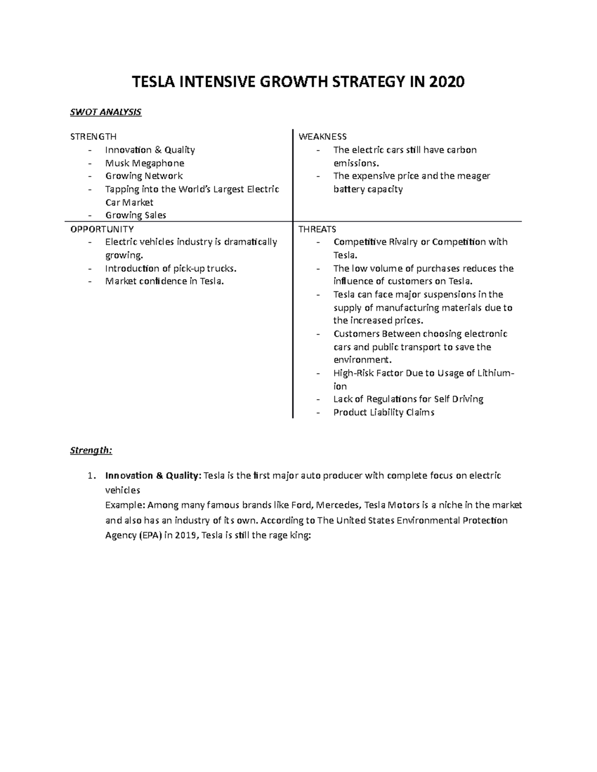 Tesla-SWOT- Analysis- Group-6 - TESLA INTENSIVE GROWTH STRATEGY IN 2020 ...