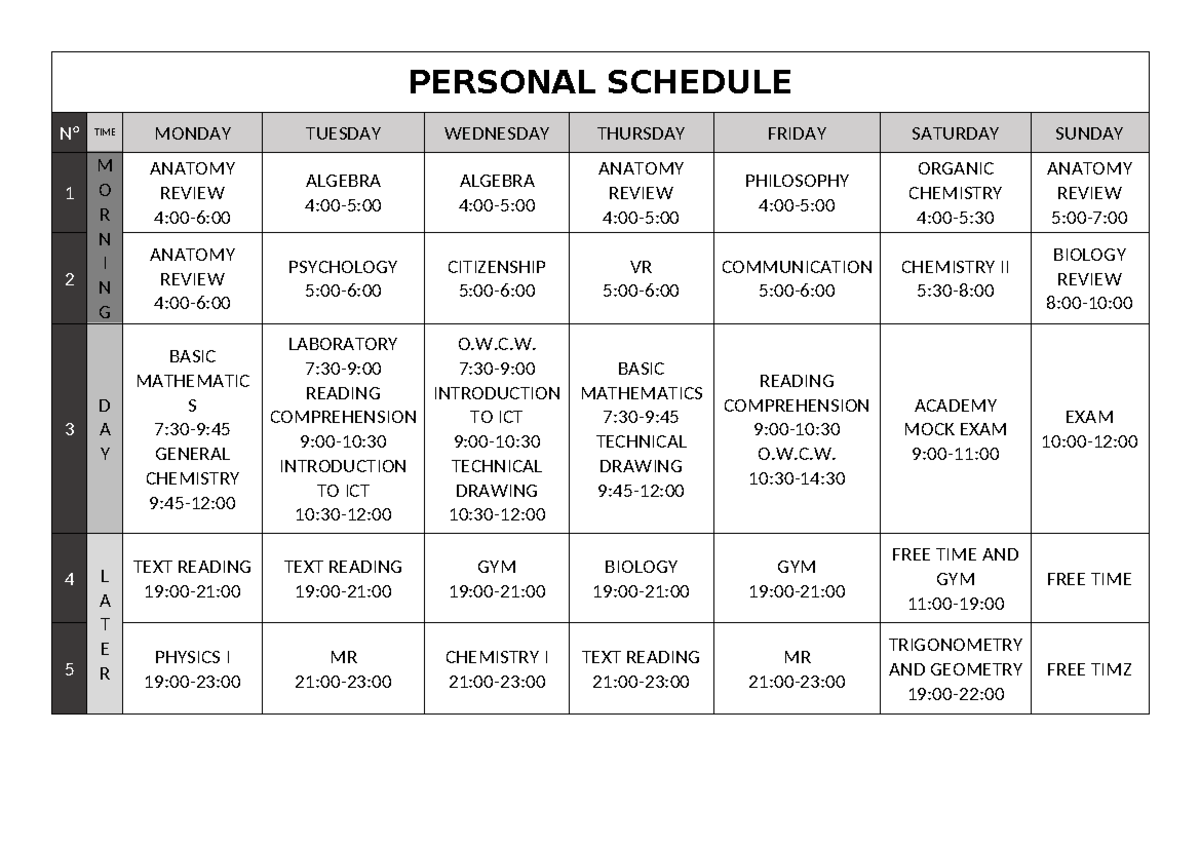 Personal Schedule 2 University - PERSONAL SCHEDULE N° TIME MONDAY ...