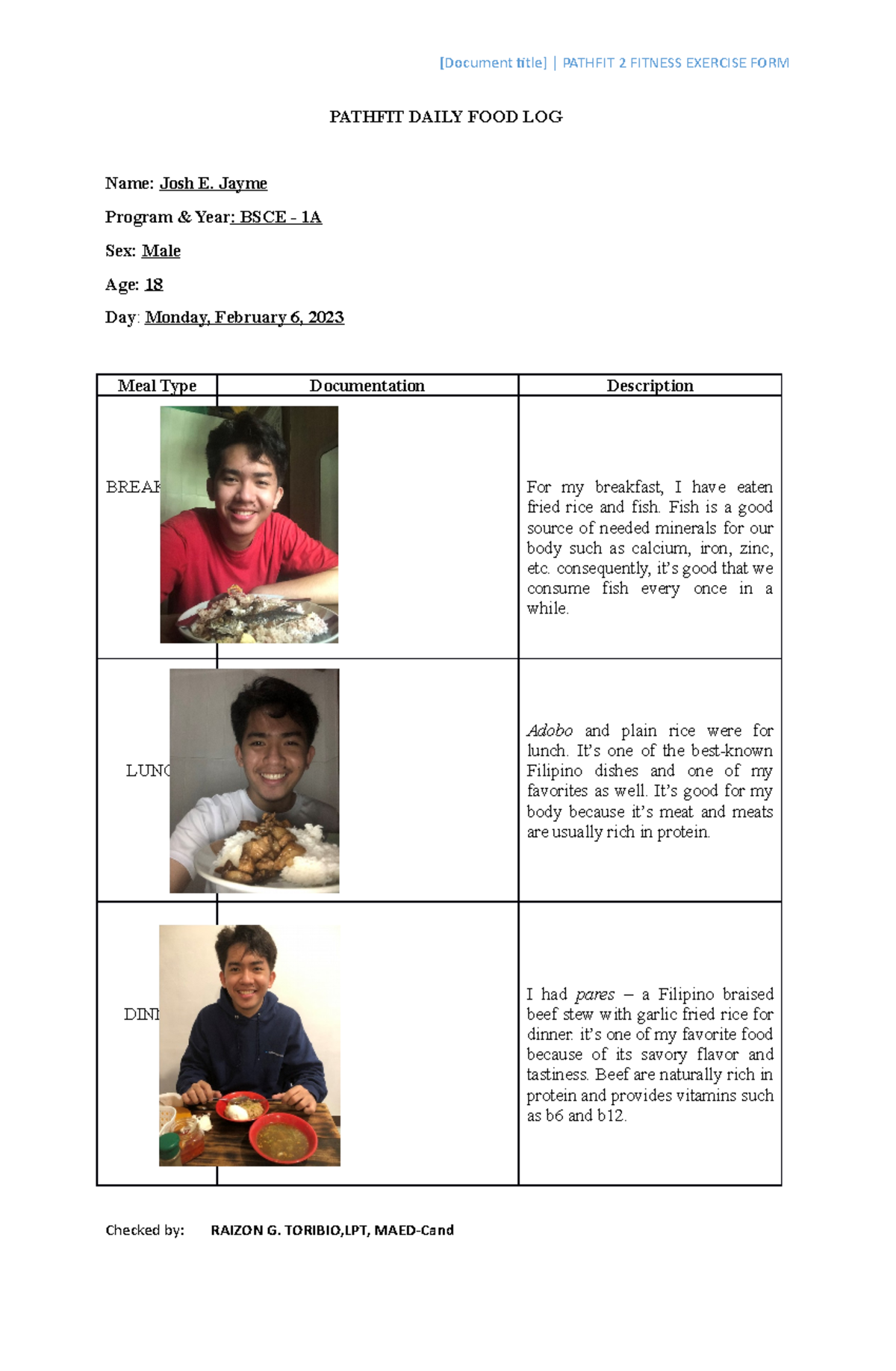 Pathfit FOOD LOG w1 jayme - [Document title] | PATHFIT 2 FITNESS ...