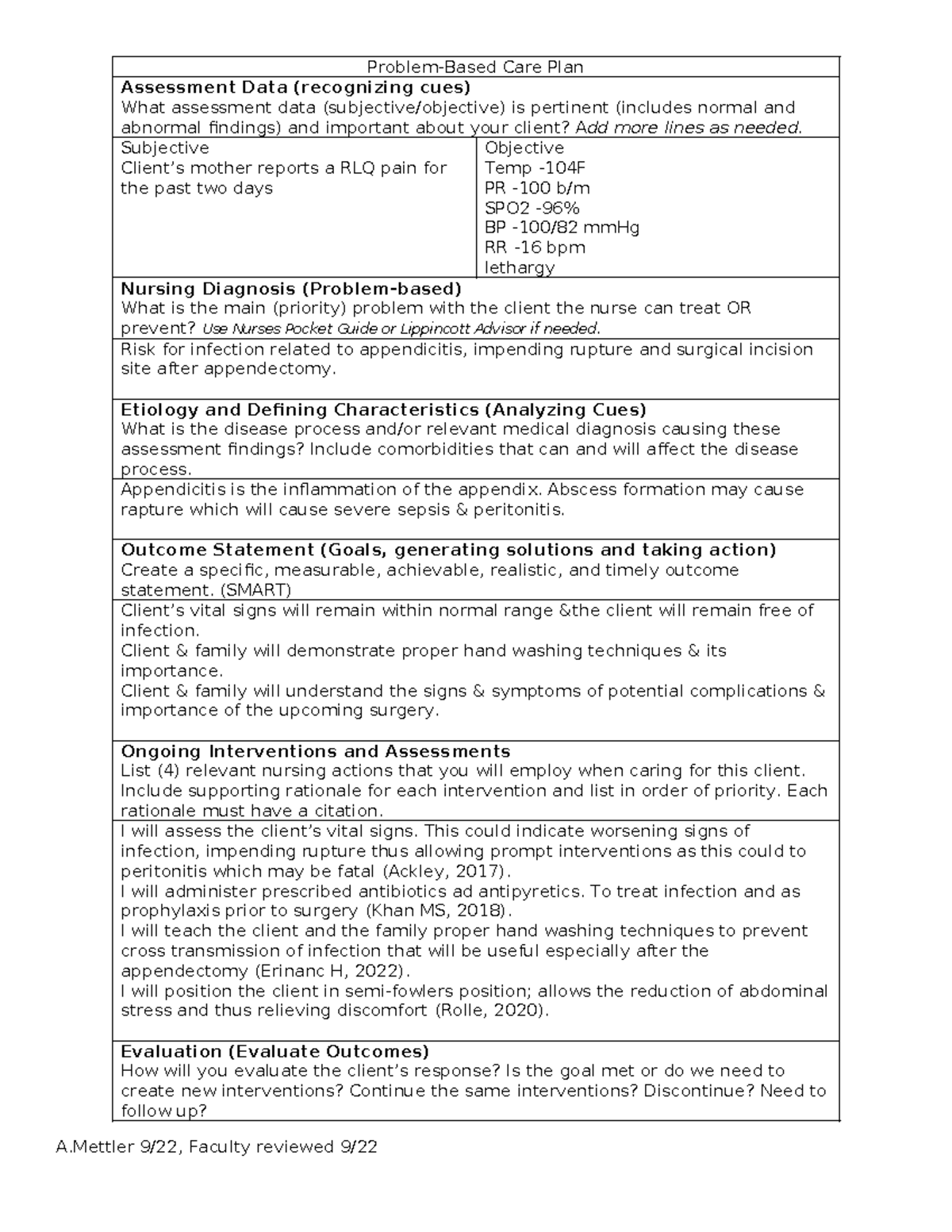 Care plan 2 - care plan - Problem-Based Care Plan Assessment Data ...