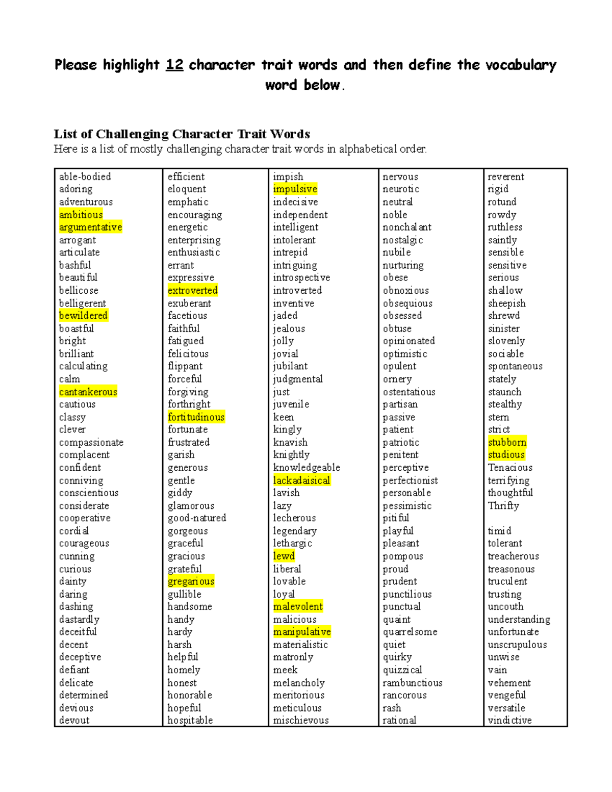 - Character Trait Words - Please highlight 12 character trait words and ...