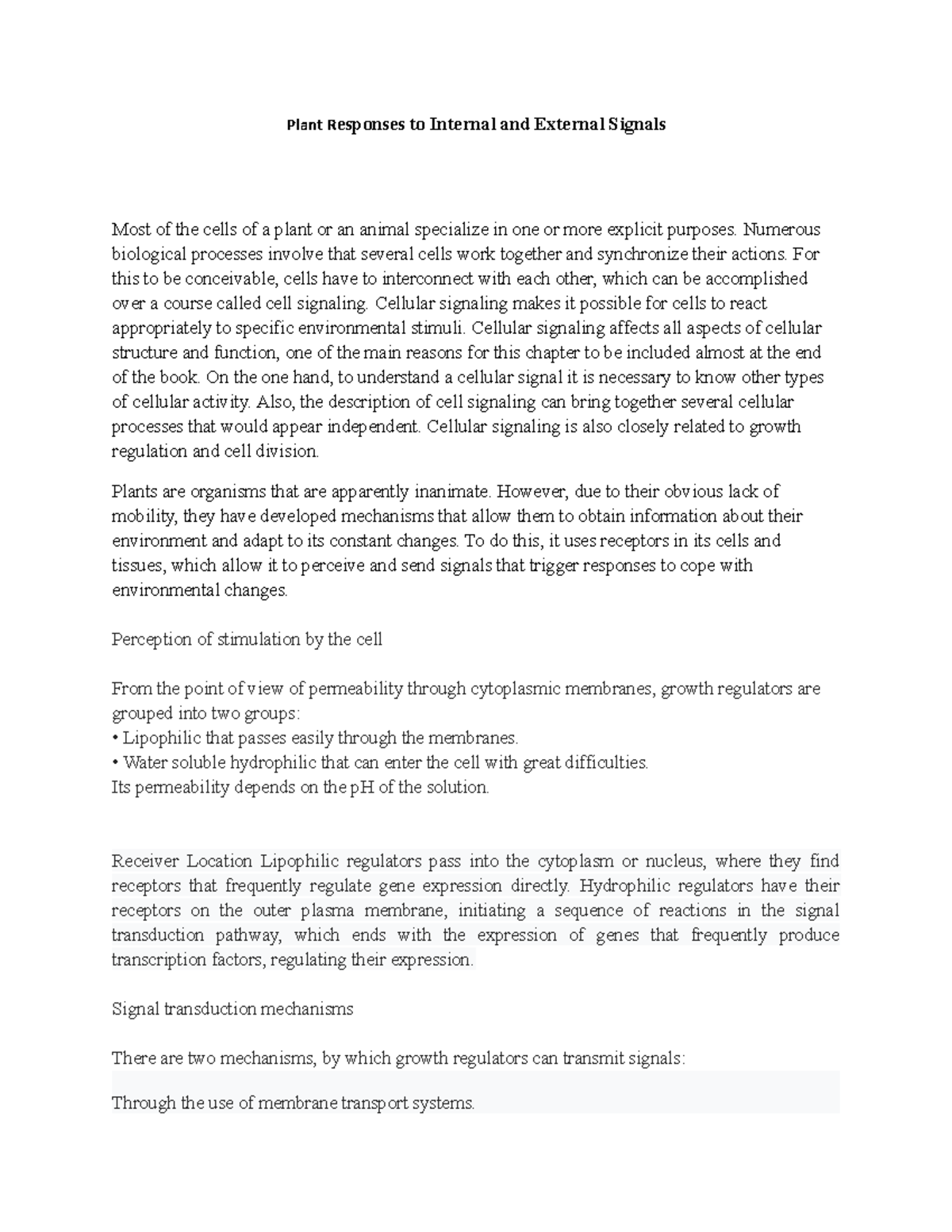 Campbell Biology 11th edition chapter 39 summary - Plant Responses to ...