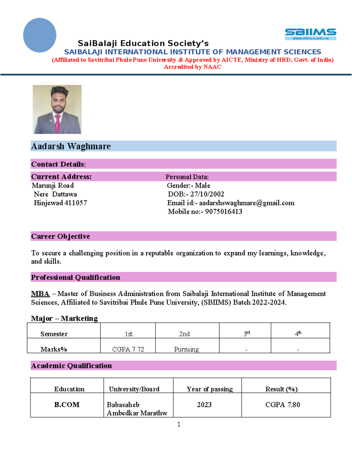 Resume Pro-forma - SaiBalaji Education Society’s SAIBALAJI ...