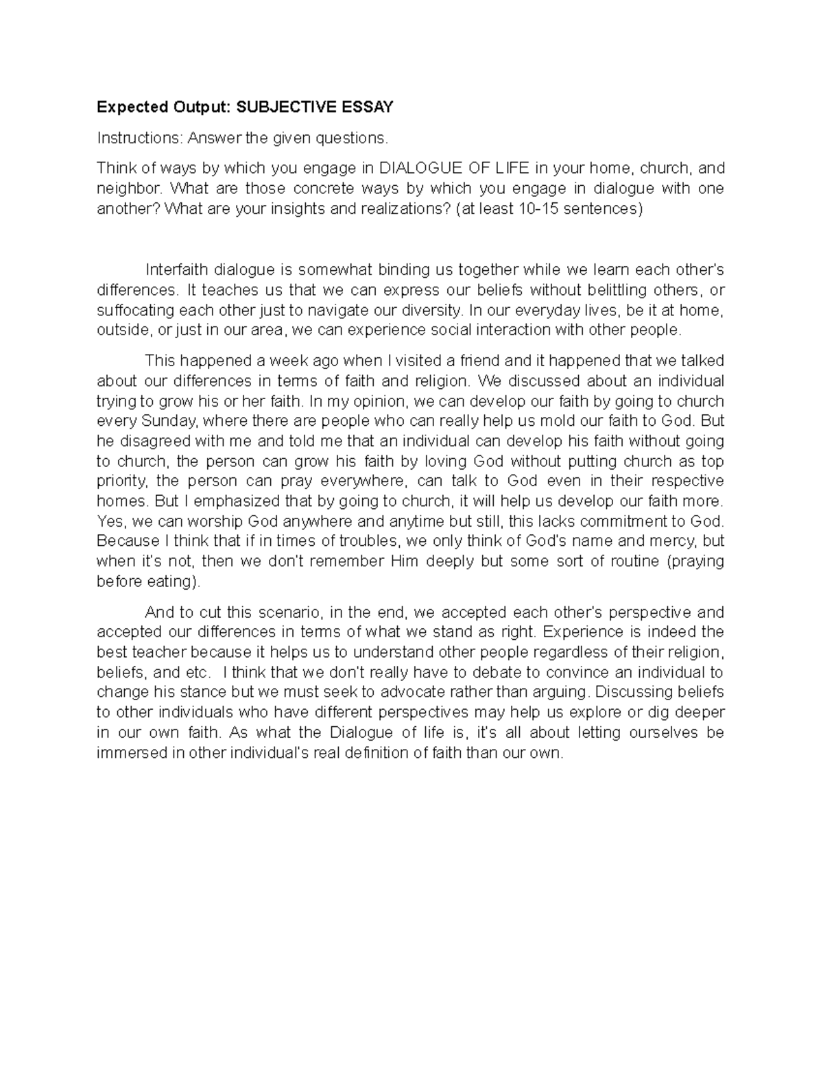 Dialogue of Life- essay Dialogue of Life - Expected Output: SUBJECTIVE ...